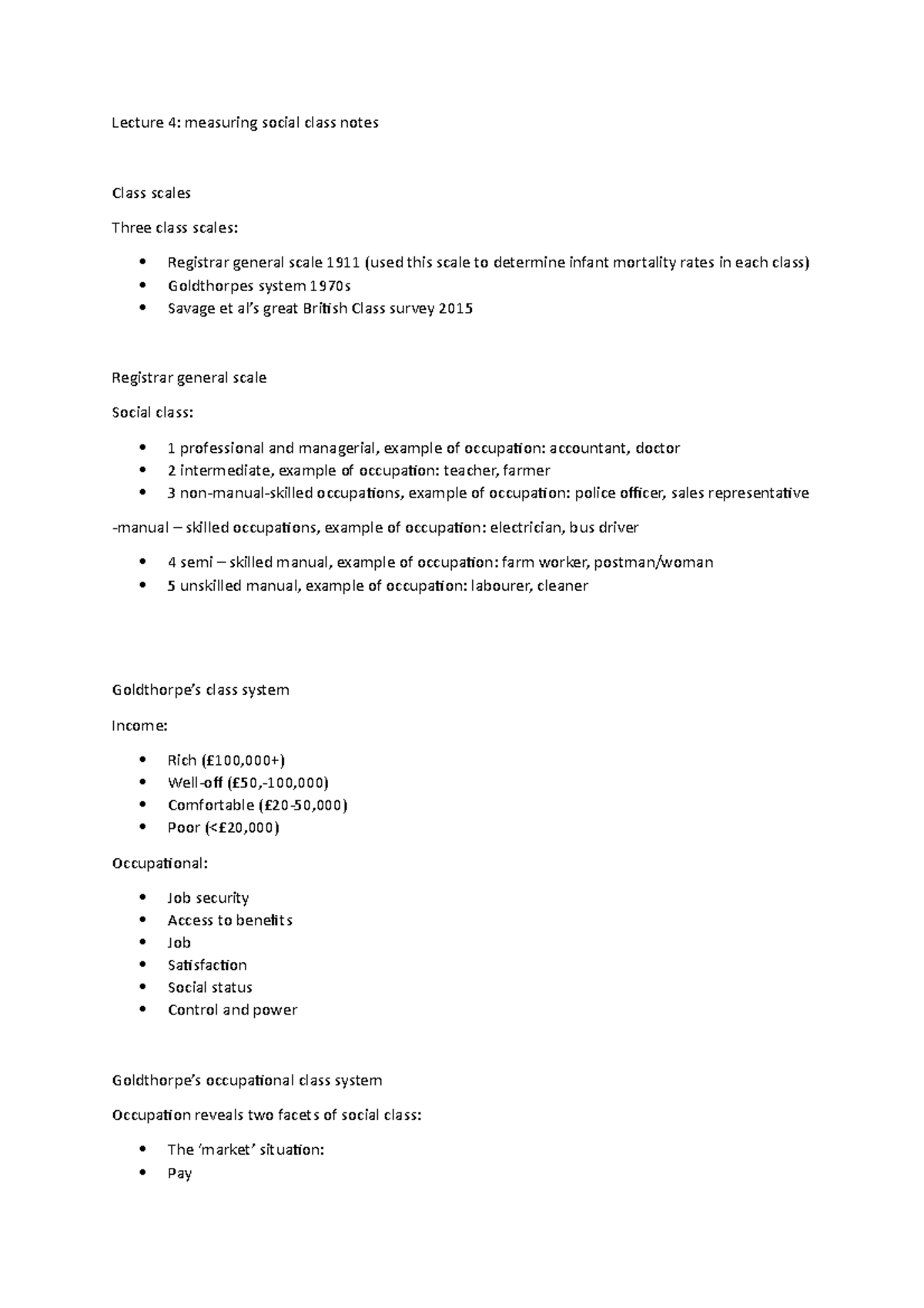 Lecture 4 measuring class - Lecture 4: measuring social class notes ...