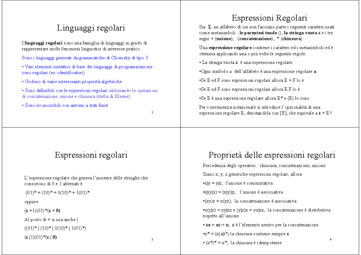 Espressioni Regolari - Appunti di lezione 1 - 1 Linguaggi regolari I linguaggi regolari sono una ...