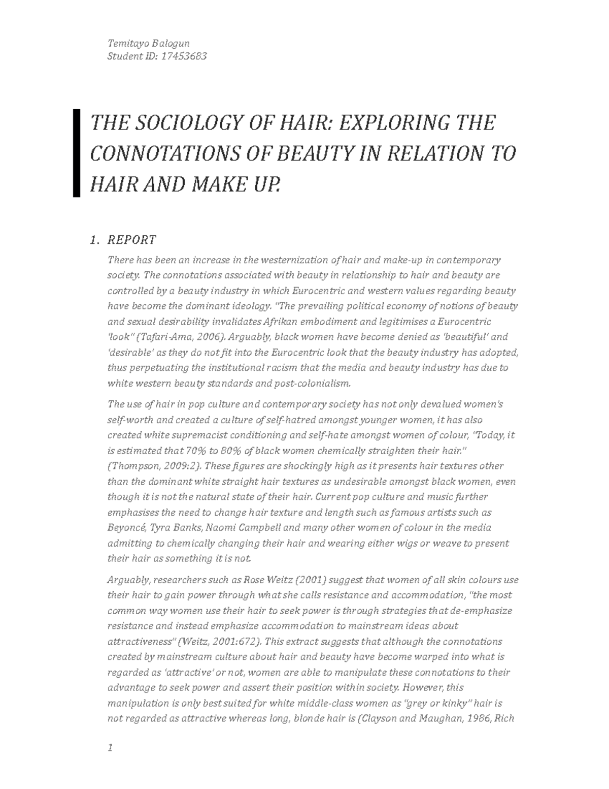 Sociology of Hair and Beauty and Poster - Temitayo Balogun Student ID ...