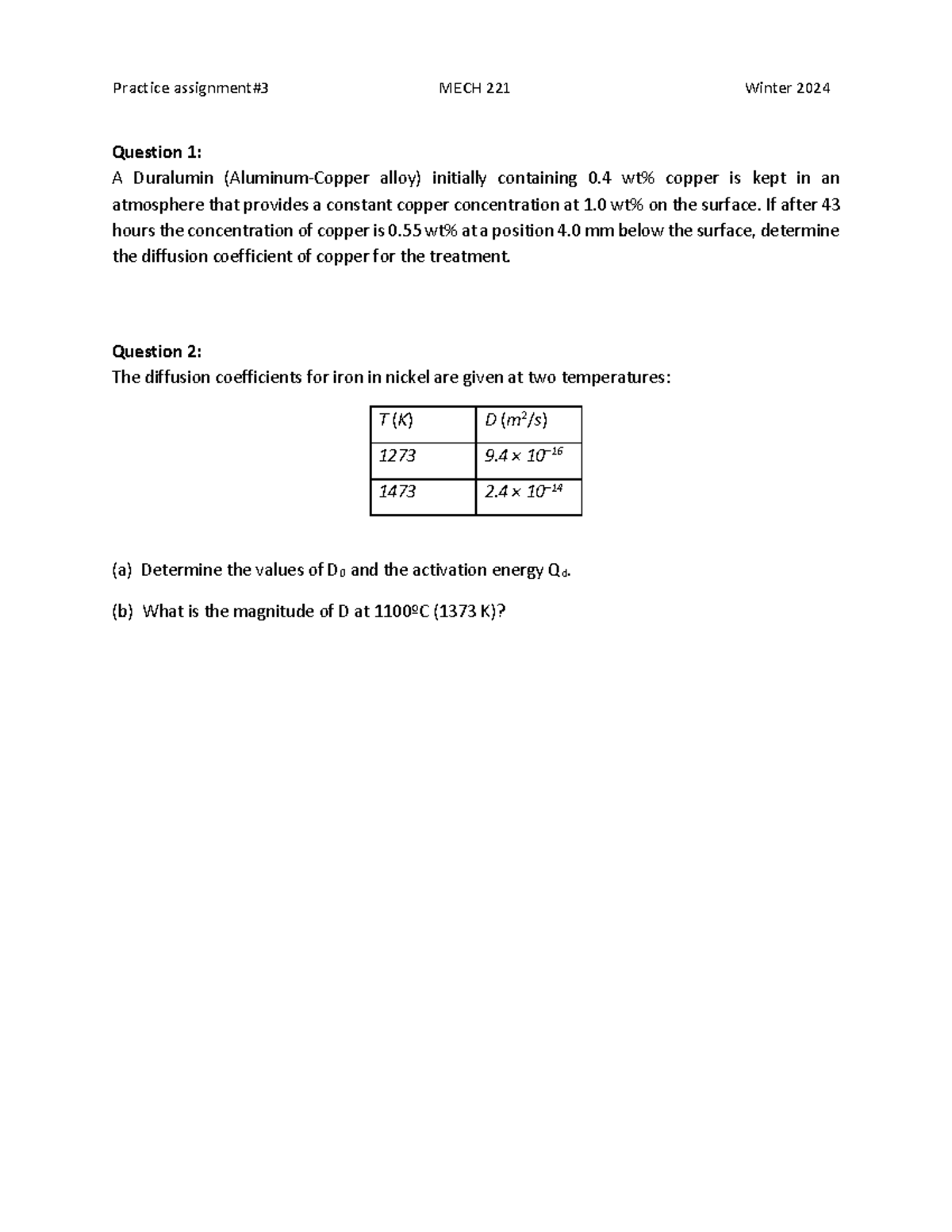 MIAE 221 Winter 2024 Problem Set#3 - Practice assignment#3 MECH 221 Winter 2024 Question 1 : A ...