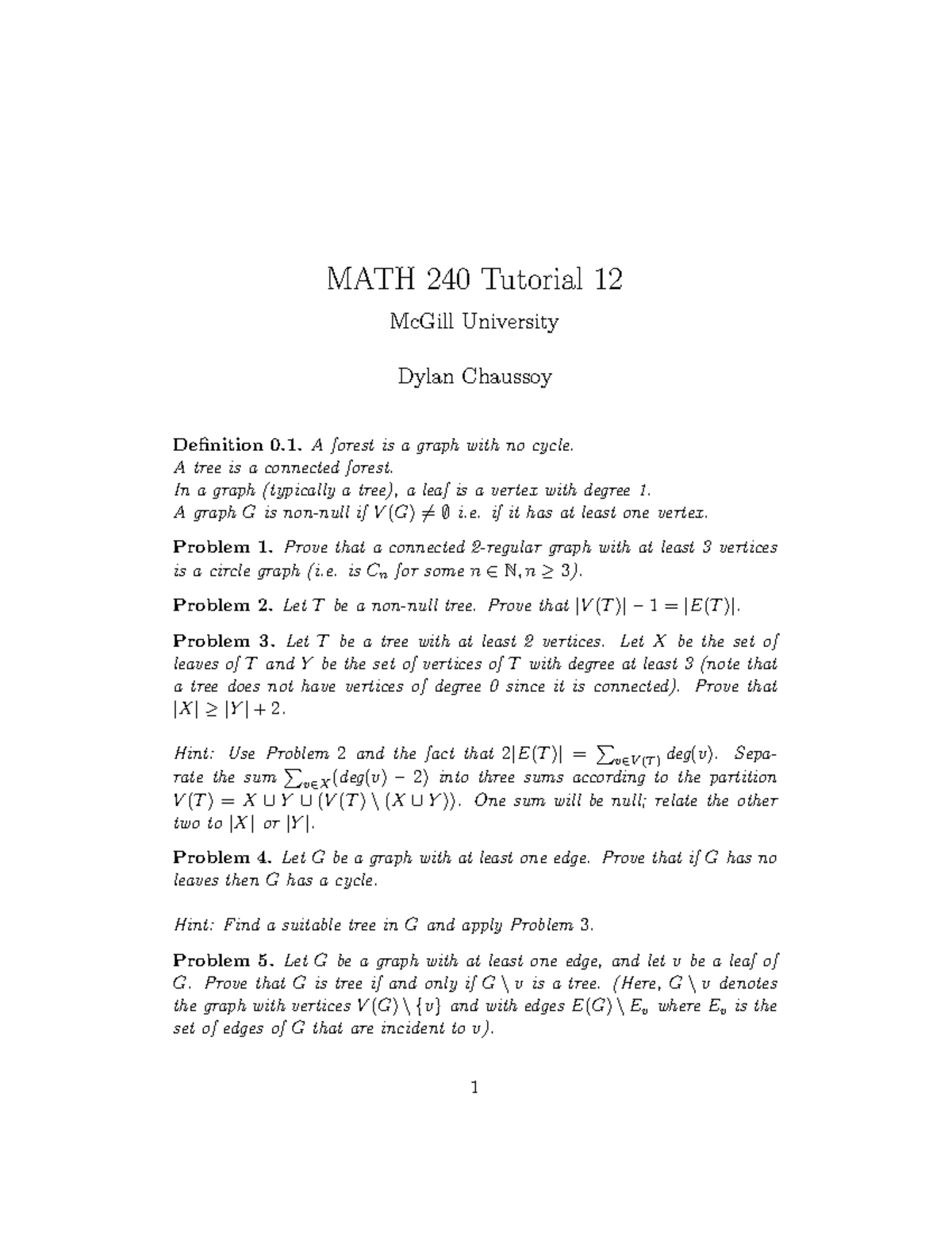 Tutorial 12 - MATH 240 Tutorial 12 McGill University Dylan Chaussoy ...