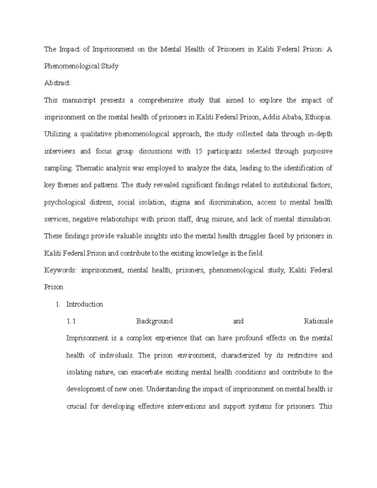 The Impact of Imprisonment on the Mental Health of Prisoners in Kaliti ...
