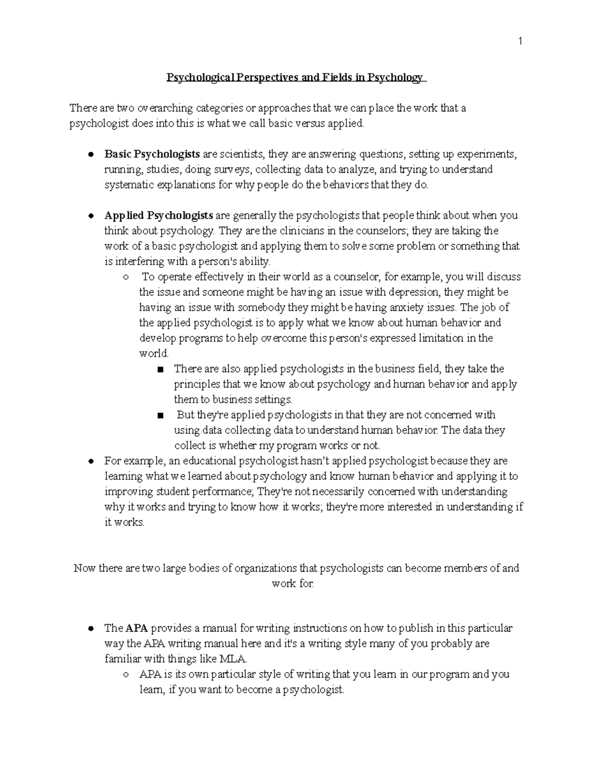 Psychological Perspectives and Fields in Psychology - Basic ...