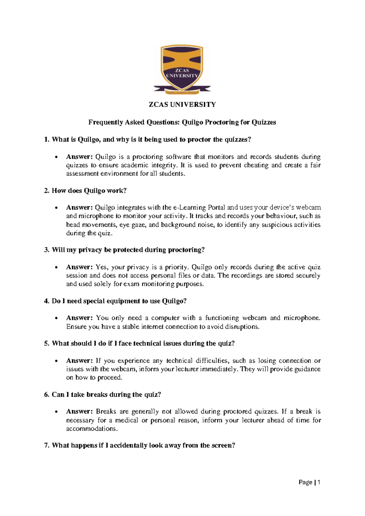 Proctoring Of Quizzes Faqs Zcas University Frequently Asked Questions Quilgo Proctoring For