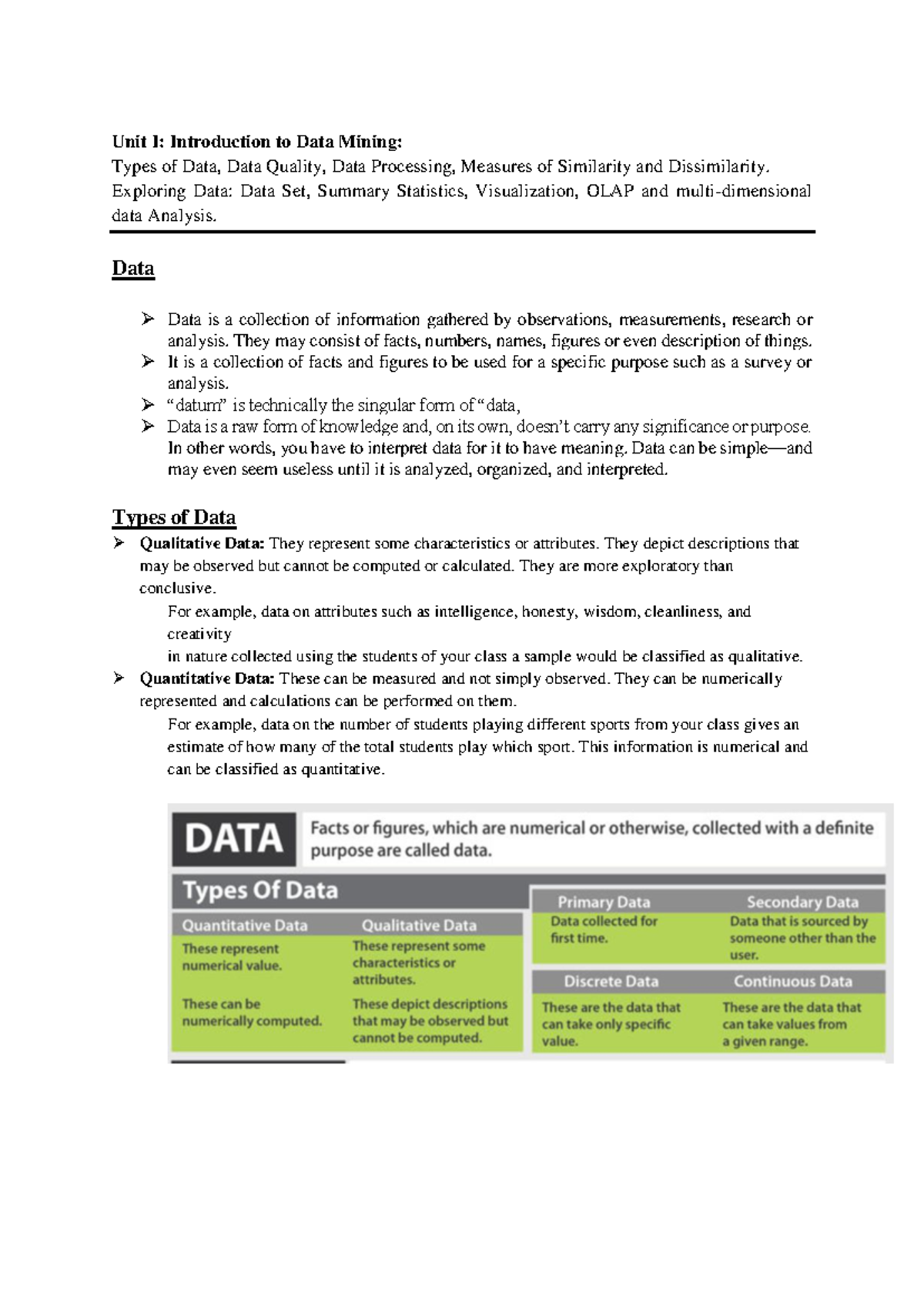 UNIT-1 - PrePHD DWDM - Unit I: Introduction to Data Mining: Types of Data, Data Quality, Data ...