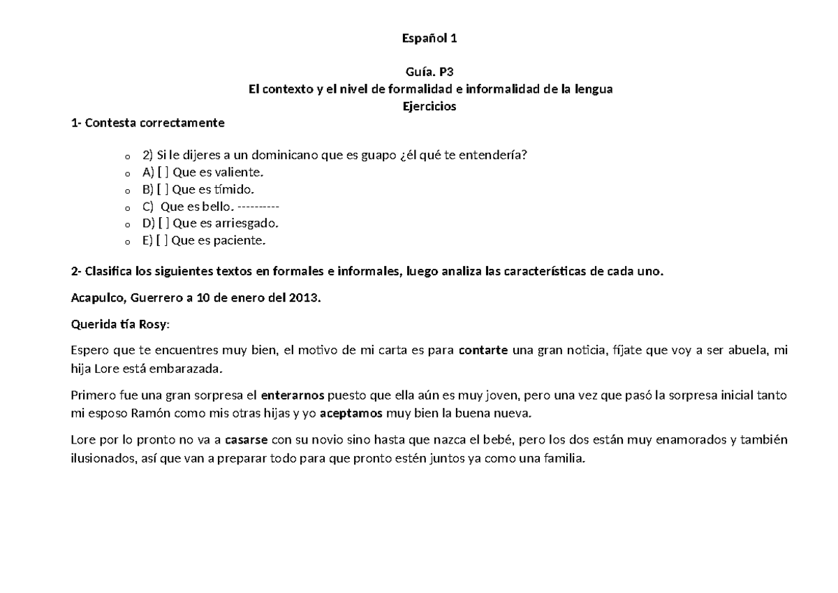 Español 1. P3. Formalidad E Informalidad - Español 1 Guía. P El ...