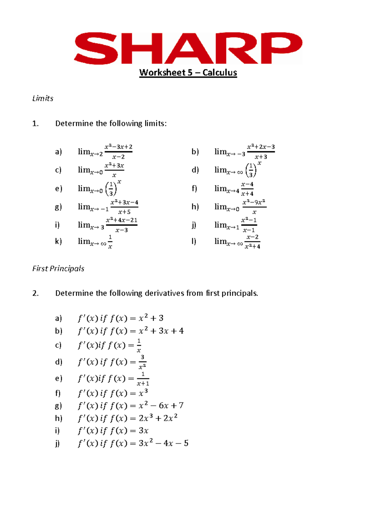 Worksheet 5 - Calculus - Worksheet 5 – Calculus Limits Determine the ...