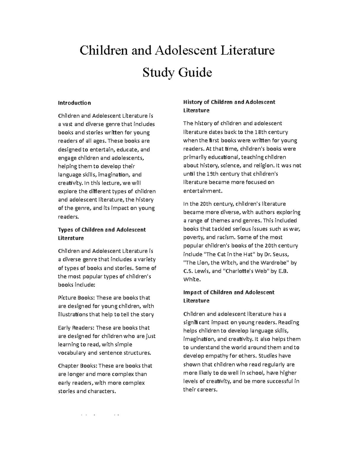 Children and Adolescent Literature Study Guide - Children and ...