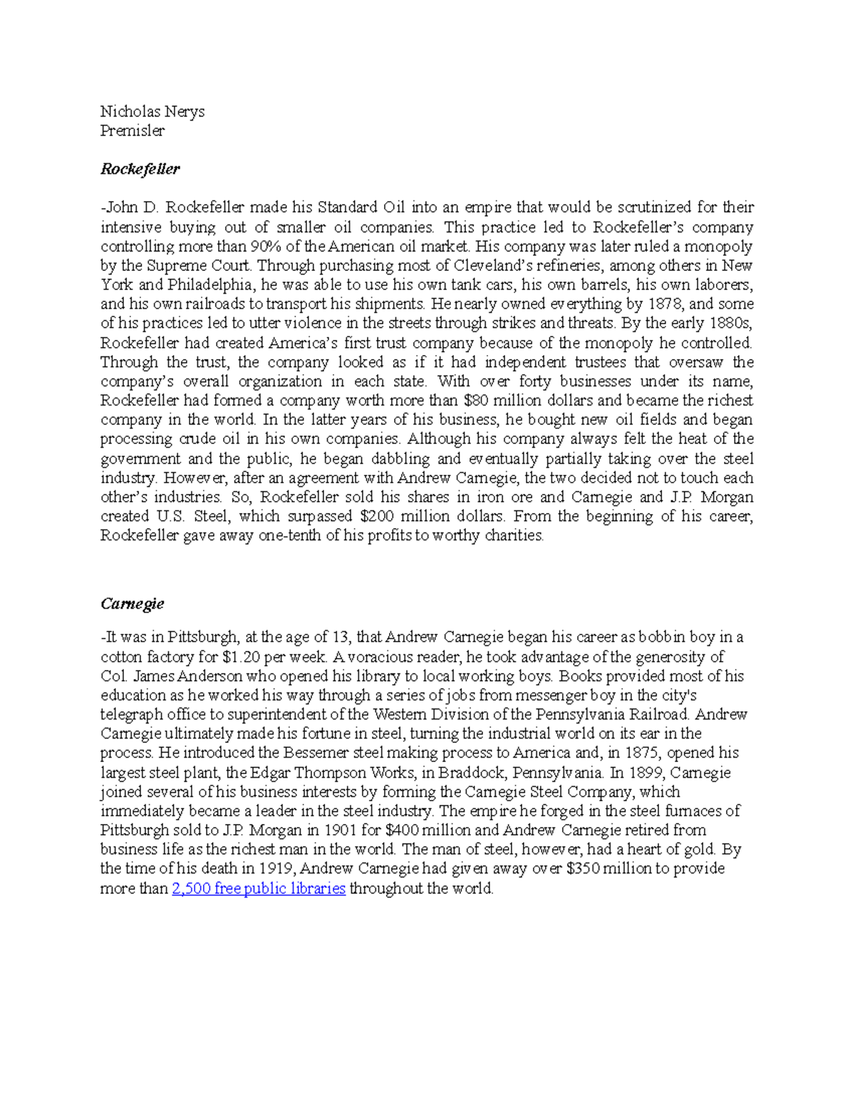 Bio on Rockefeller, Carnegie, Morgan - Nicholas Nerys Premisler ...