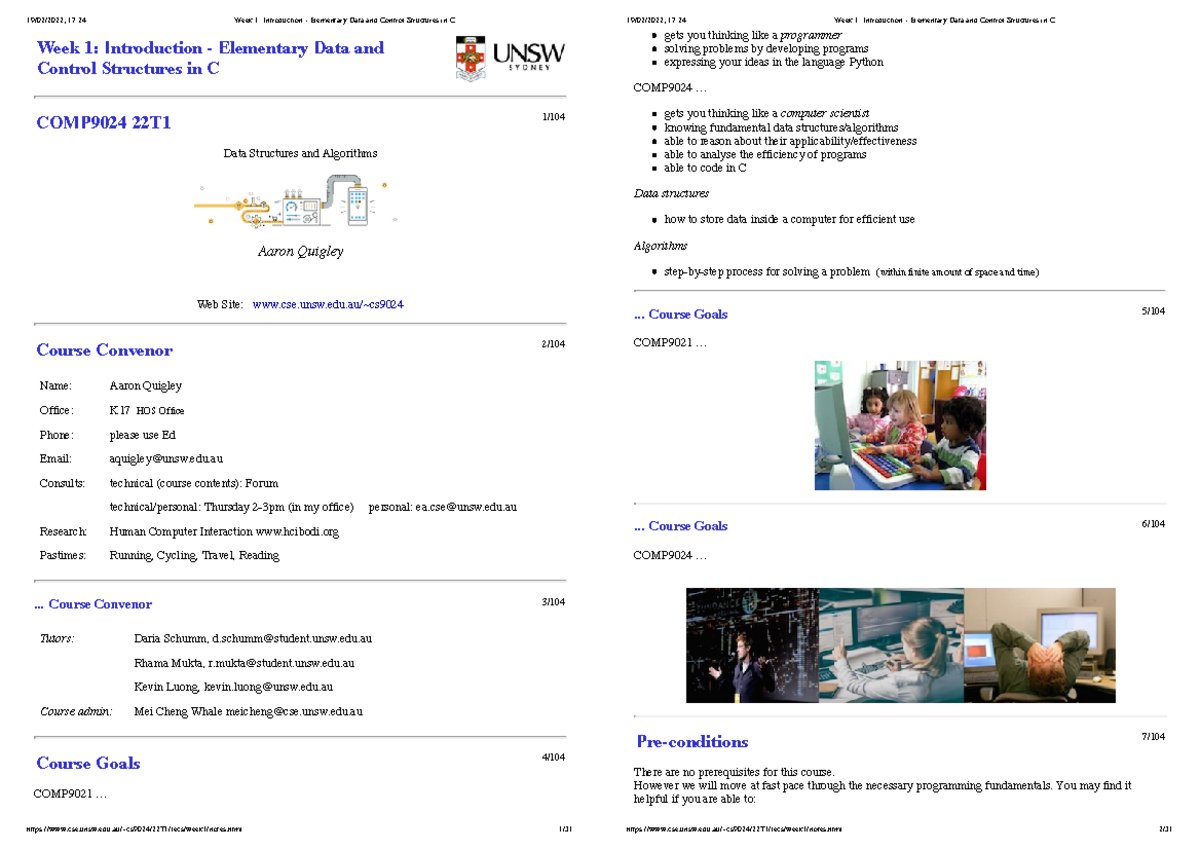 Week 1 - Elementary Data and Control Structures in C - Week 1 ...