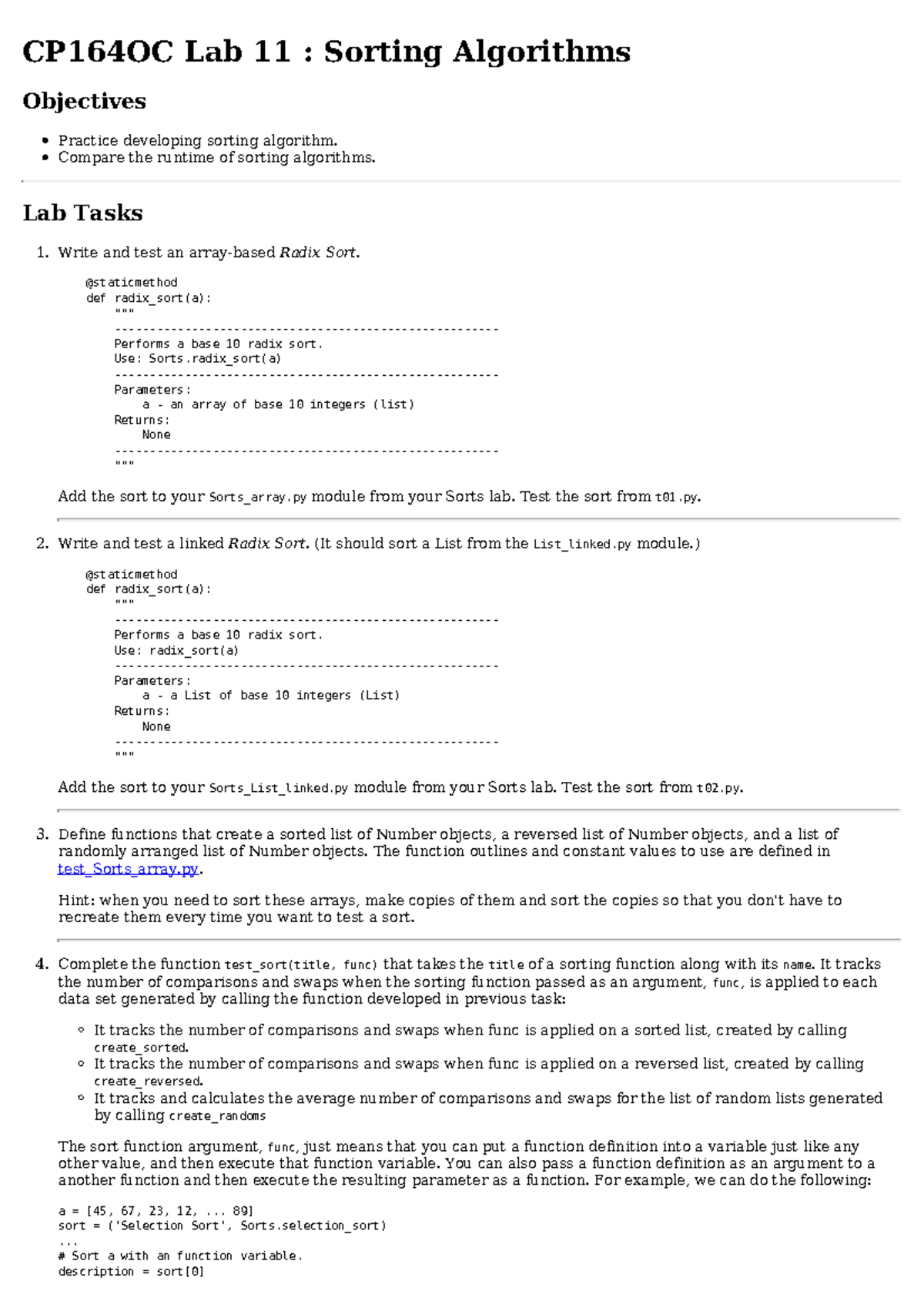 Lab11Sorting - CP164OC Lab 11 : Sorting Algorithms Objectives Practice developing sorting ...