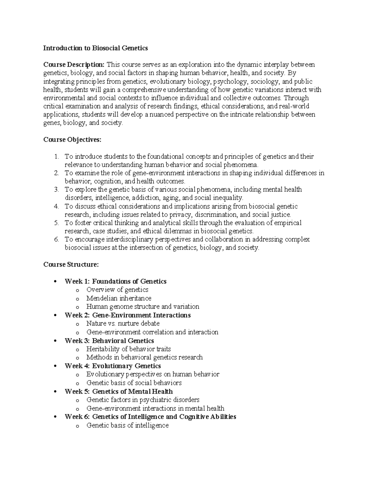 Biosocial genetics syllabus - Introduction to Biosocial Genetics Course ...