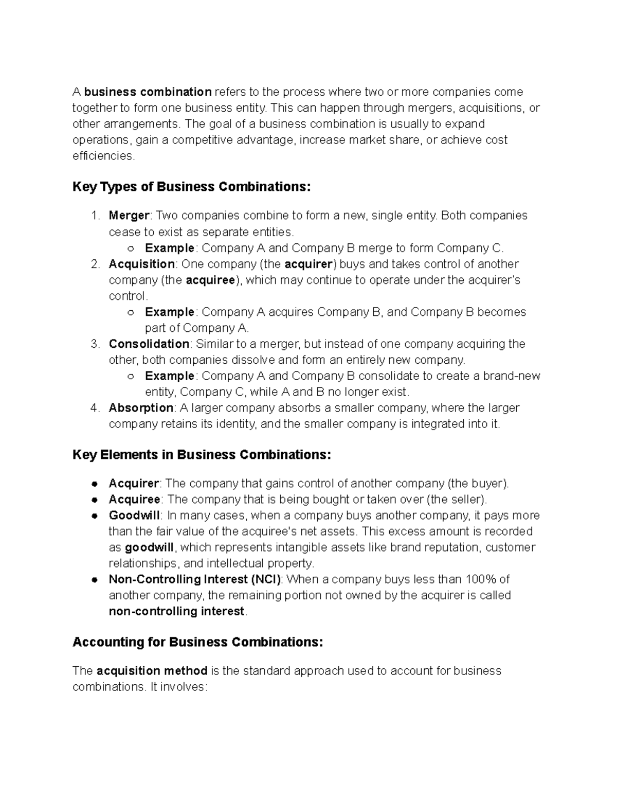 BUS COM Overview - summary notes - A business combination refers to the ...