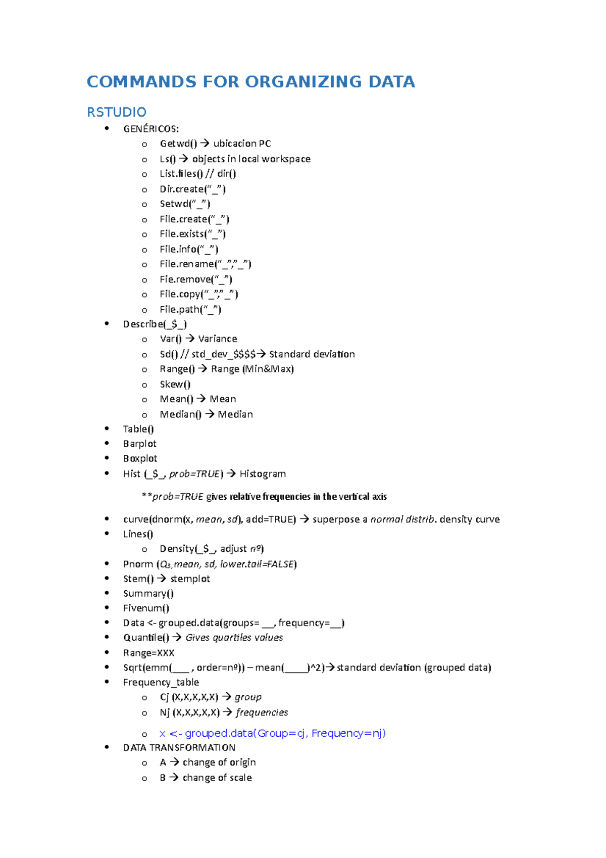 Rstudio Commands - Apuntes 1-7 - COMMANDS FOR ORGANIZING DATA RSTUDIO ...