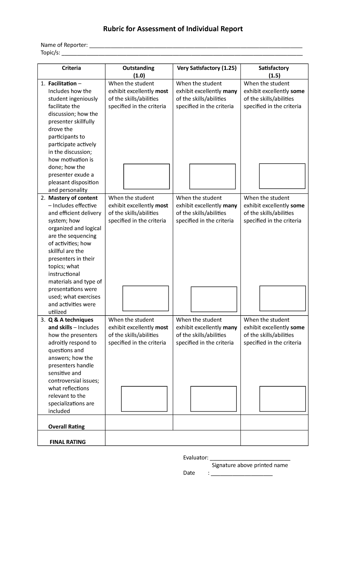 Rubric for Individual Report - Rubric for Assessment of Individual ...