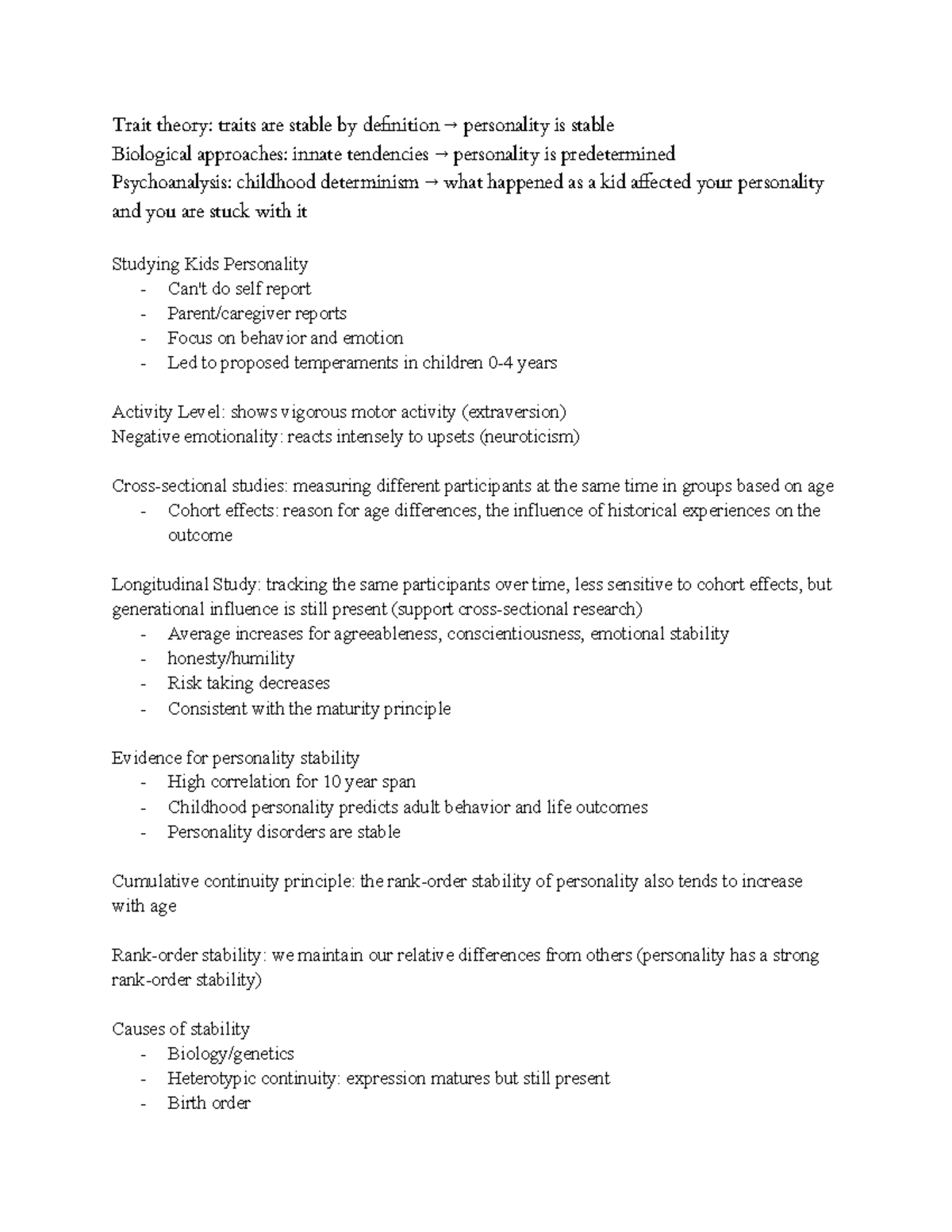 Chapter 7 Personality Development and Change - Trait theory: traits are stable by definition → ...