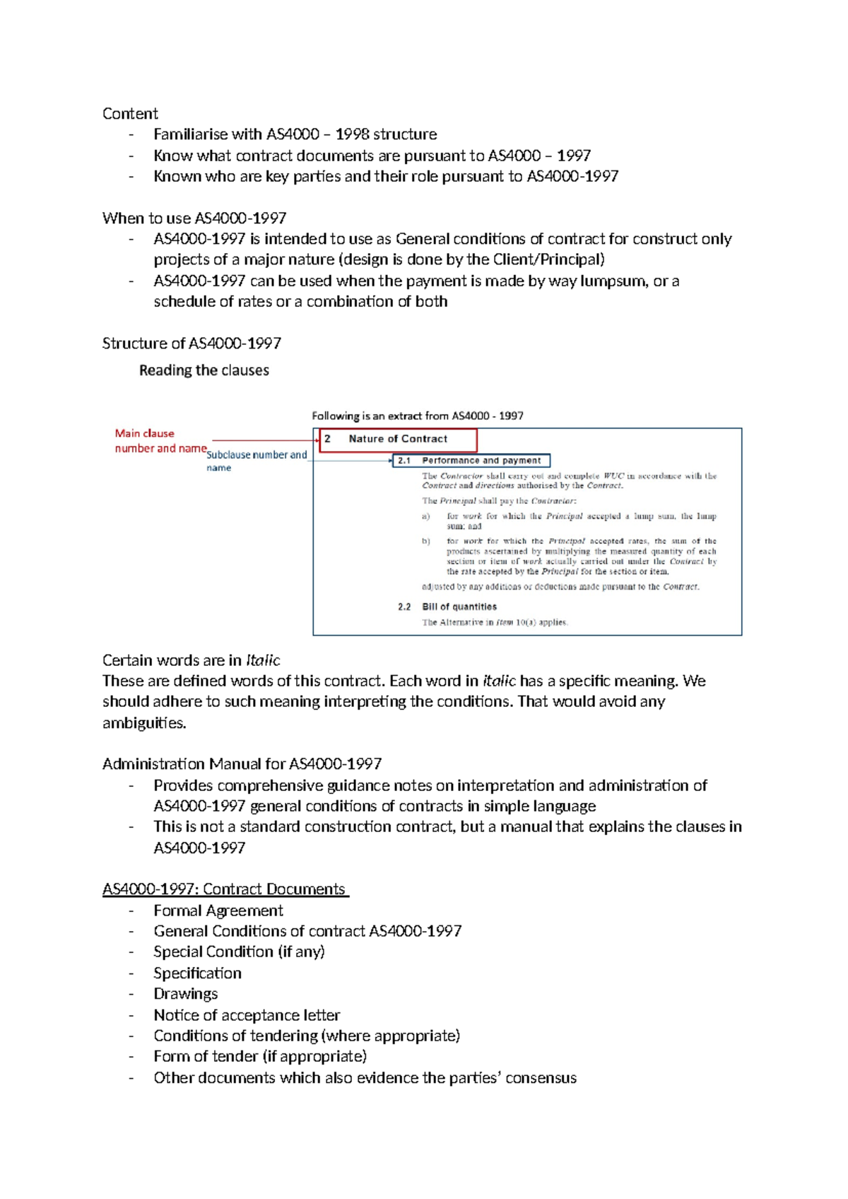 BLDG2011 WK 6 - Note - Content - Familiarise with AS4000 – 1998 ...