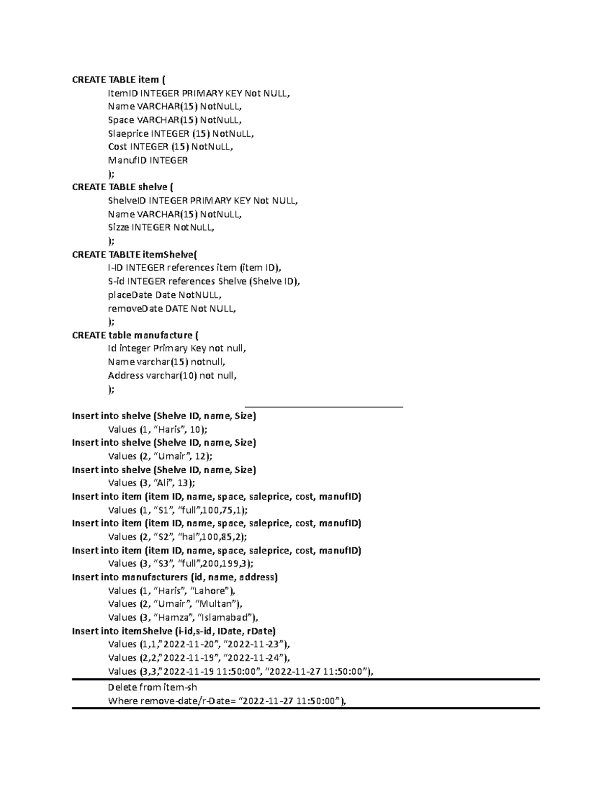 Database Assignment 2 Solution Create Table Item Itemid Integer Primary Key Not Null Name