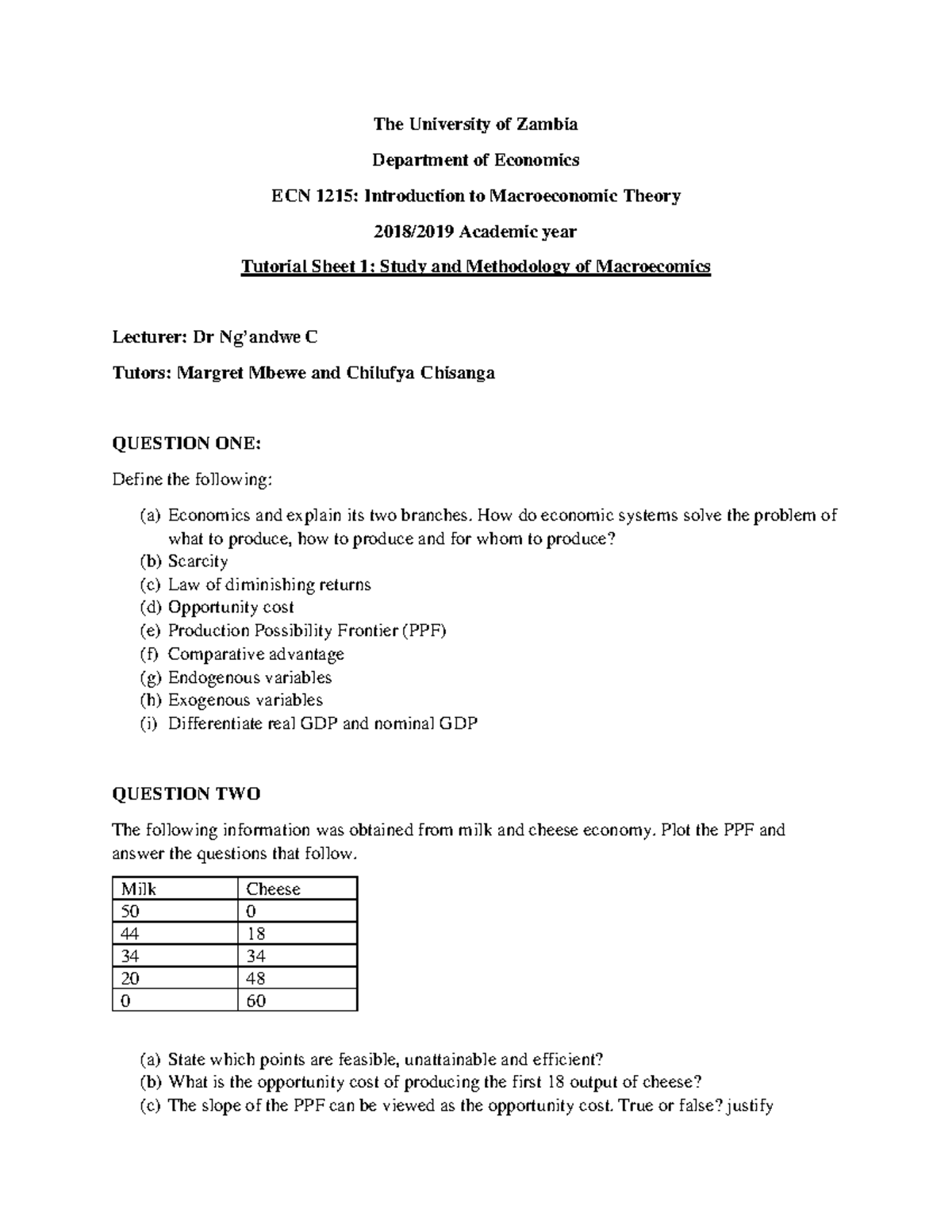 MACROECONOMICS 1215 TUTORIAL SHEET - 1. PDF - The University of Zambia Department of Economics ...