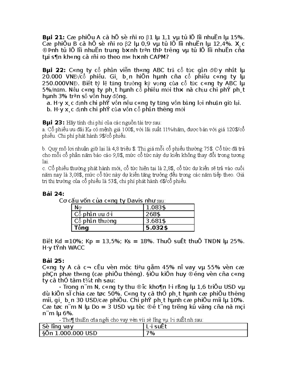 QTTC ch05 BT Chi phí vốn 13 - Bμi 21: Cæ phiÕu A cã hÖ sè rñi ro β1 lμ 1,1 vμ tû lÖ lîi nhuËn lμ ...