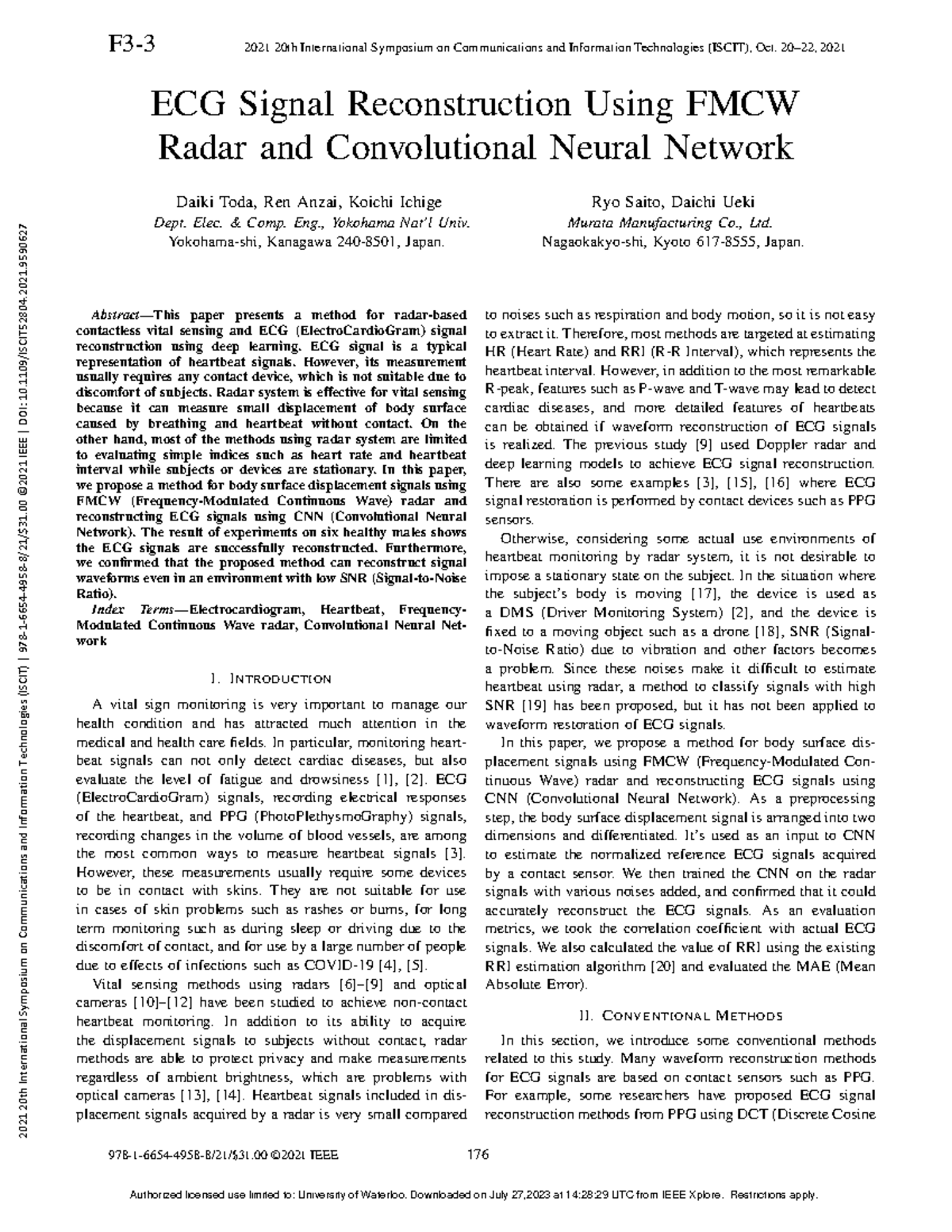 ECG Signal Reconstruction Using FMCW Radar and Convolutional Neural Network - - Studocu