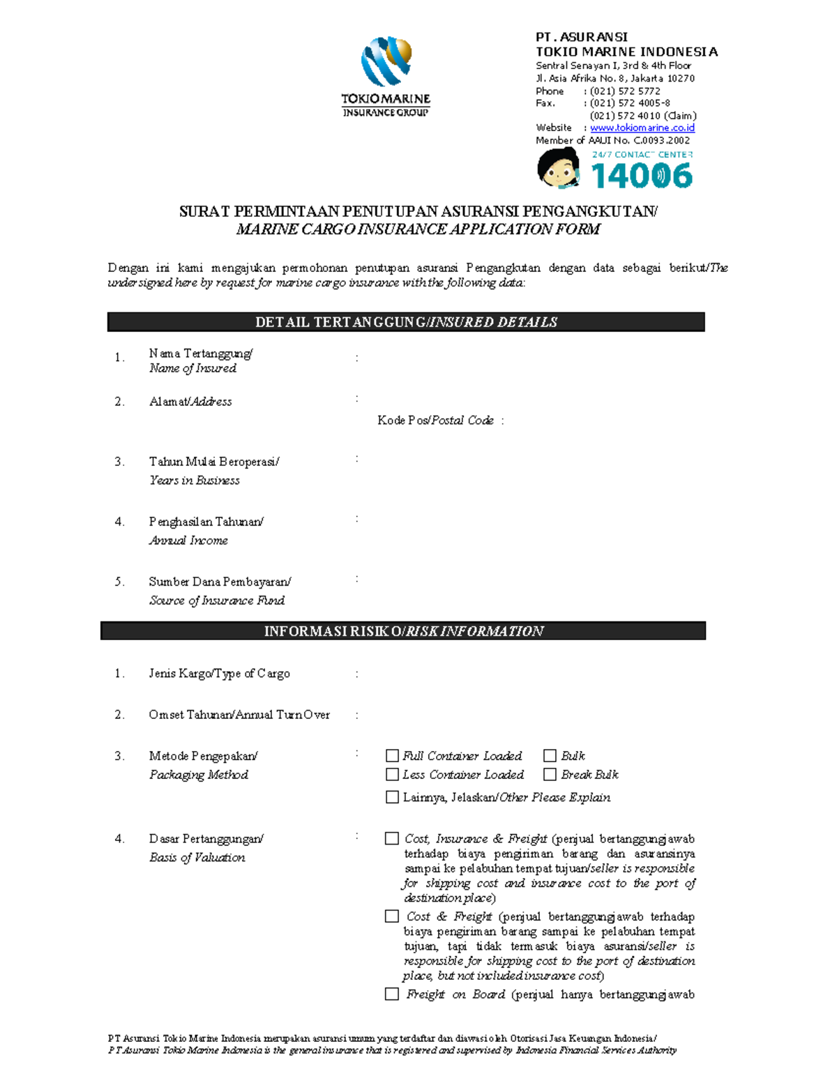 AP-3 Marine Cargo Insurance Application Form - TOKIO MARINE INDONESIA ...