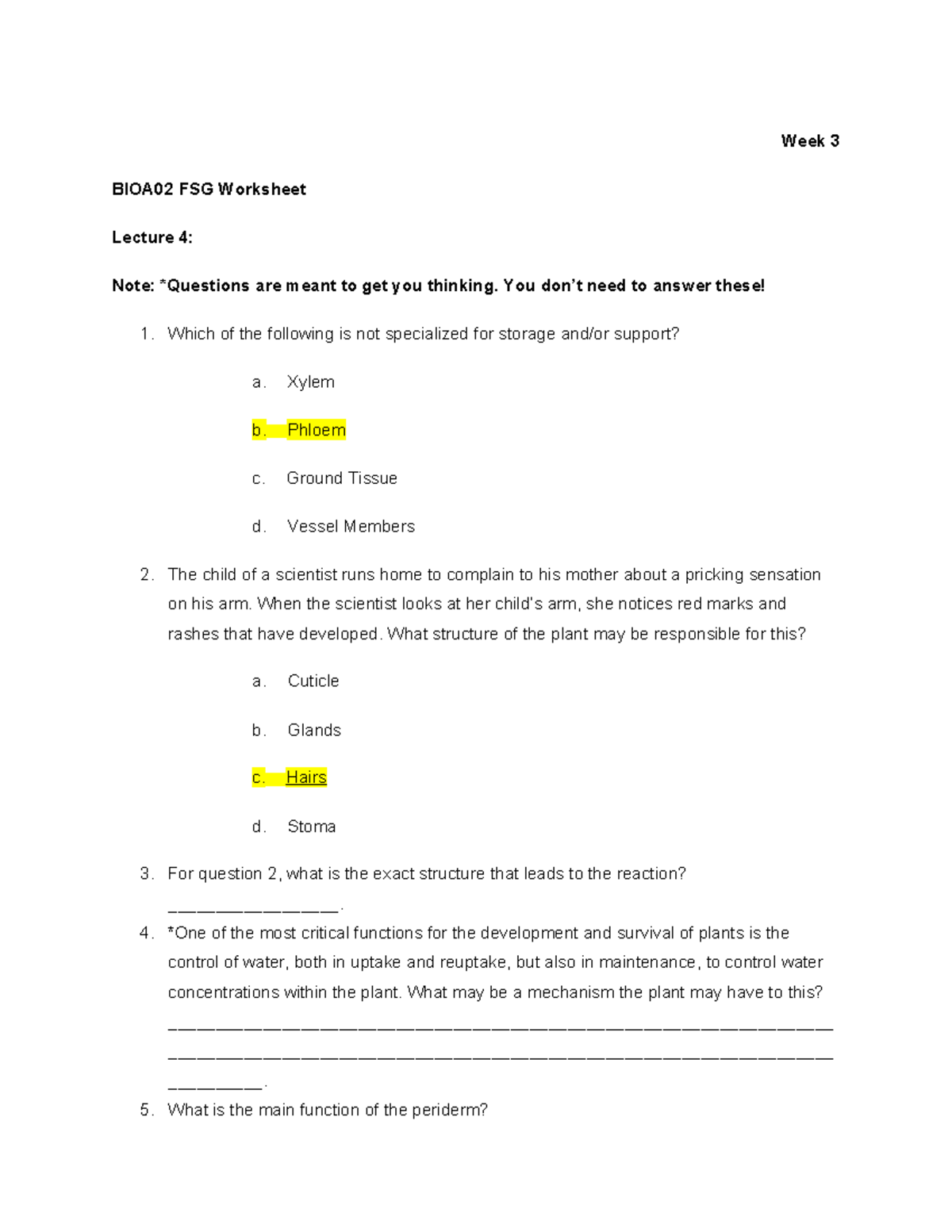 BIOA02 FSG Worksheet Lecture 4-5 - Week 3 BIOA02 FSG Worksheet Lecture ...