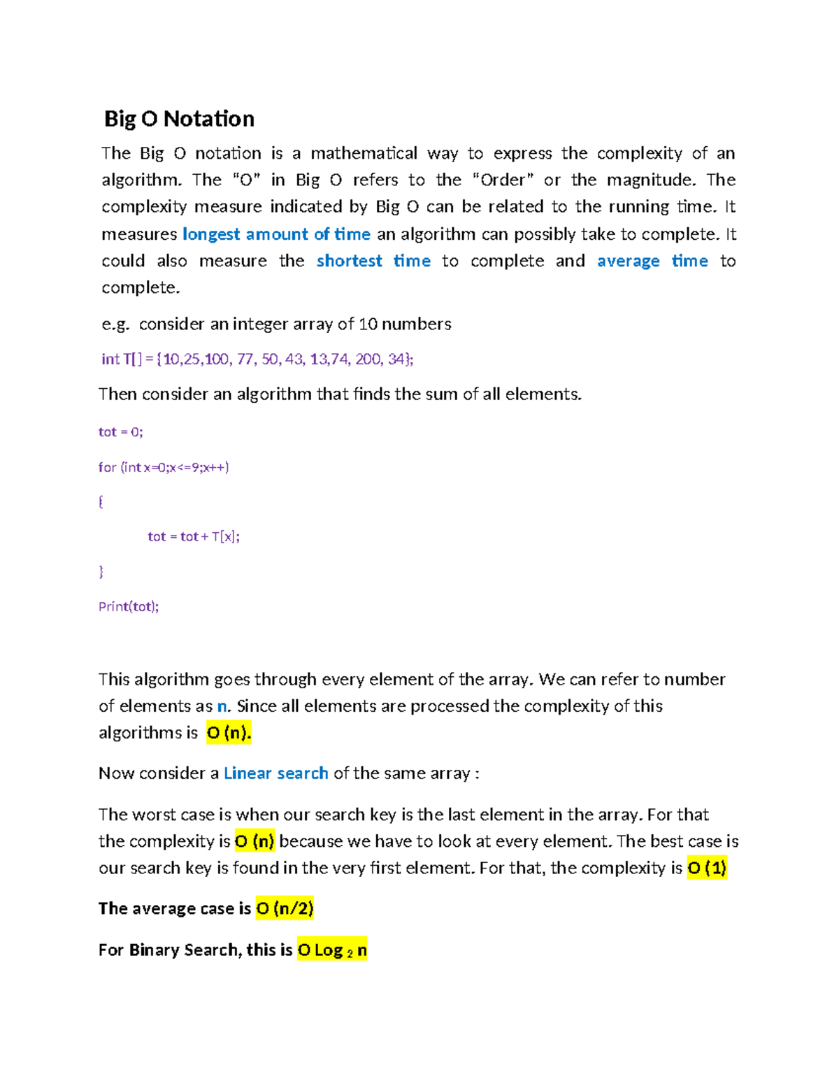 Big O Notation - Notes - Big O Notation The Big O notation is a ...