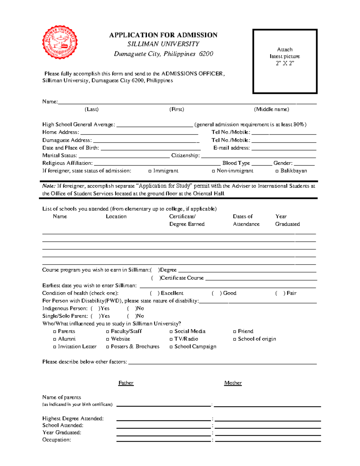 Application FOR Admission FORM- College 2018 - Please fully accomplish ...