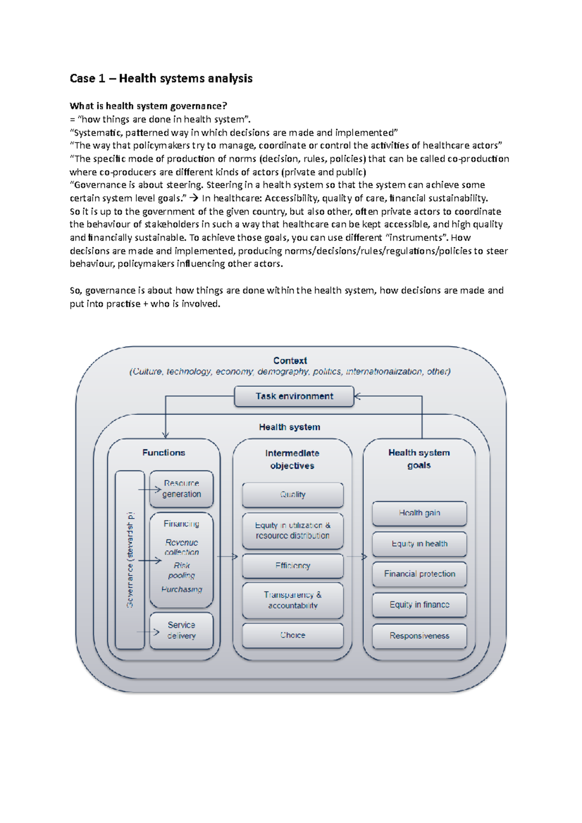 Case 1 - Governance - Case 1 – Health systems analysis What is health ...