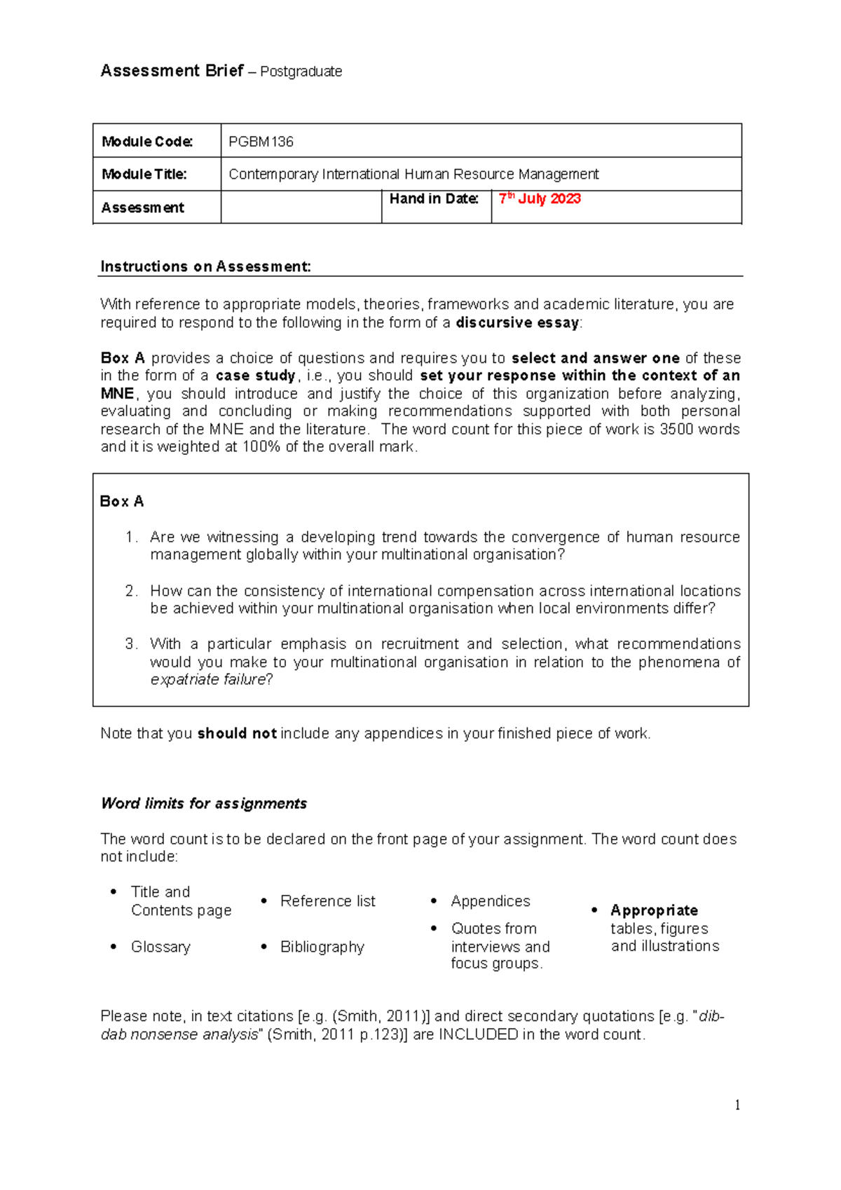 2312c373ed18bf775de3b6bb07bc03a2 - Assessment Brief – Postgraduate 1 Module Code: PGBM Module ...