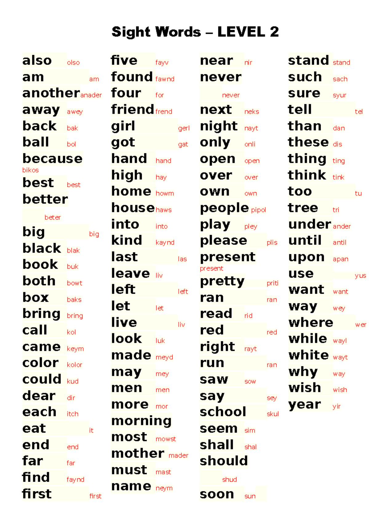 Sight Words 2nd Grade - Sight Words – LEVEL 2 also olso am am ...