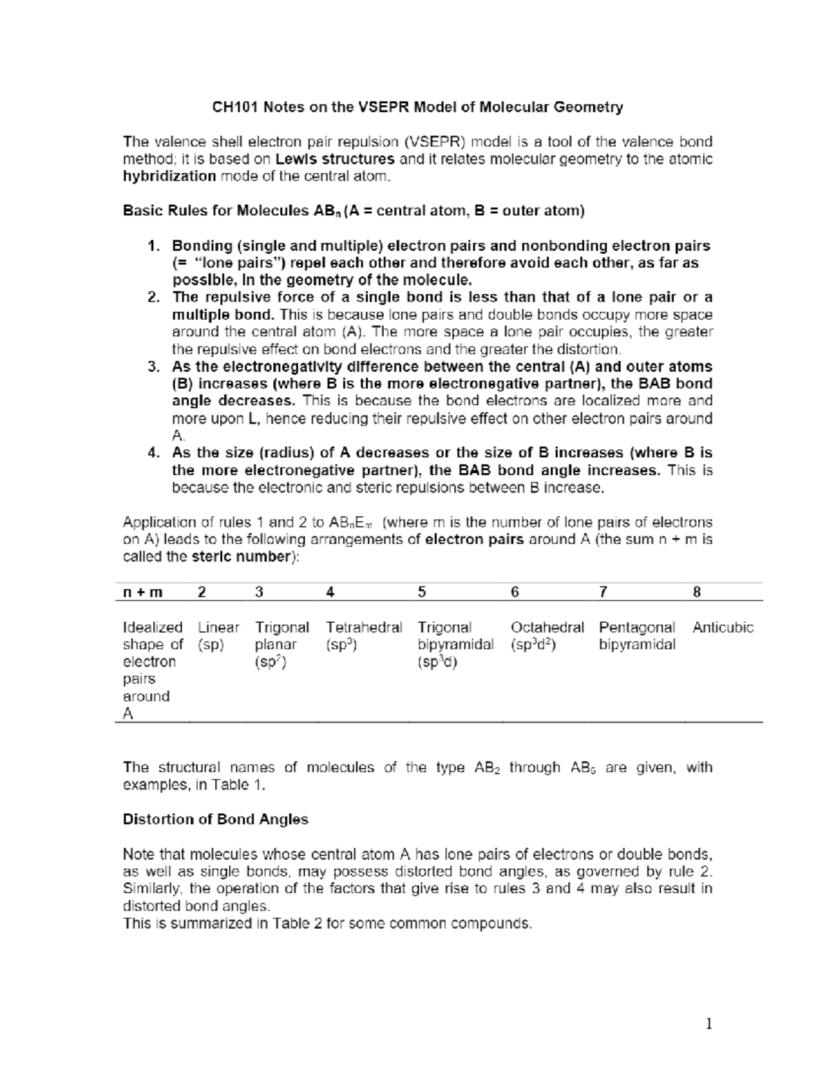 Notes on the Vsepr Model of Molecular Geometry - Chemical Engineering ...