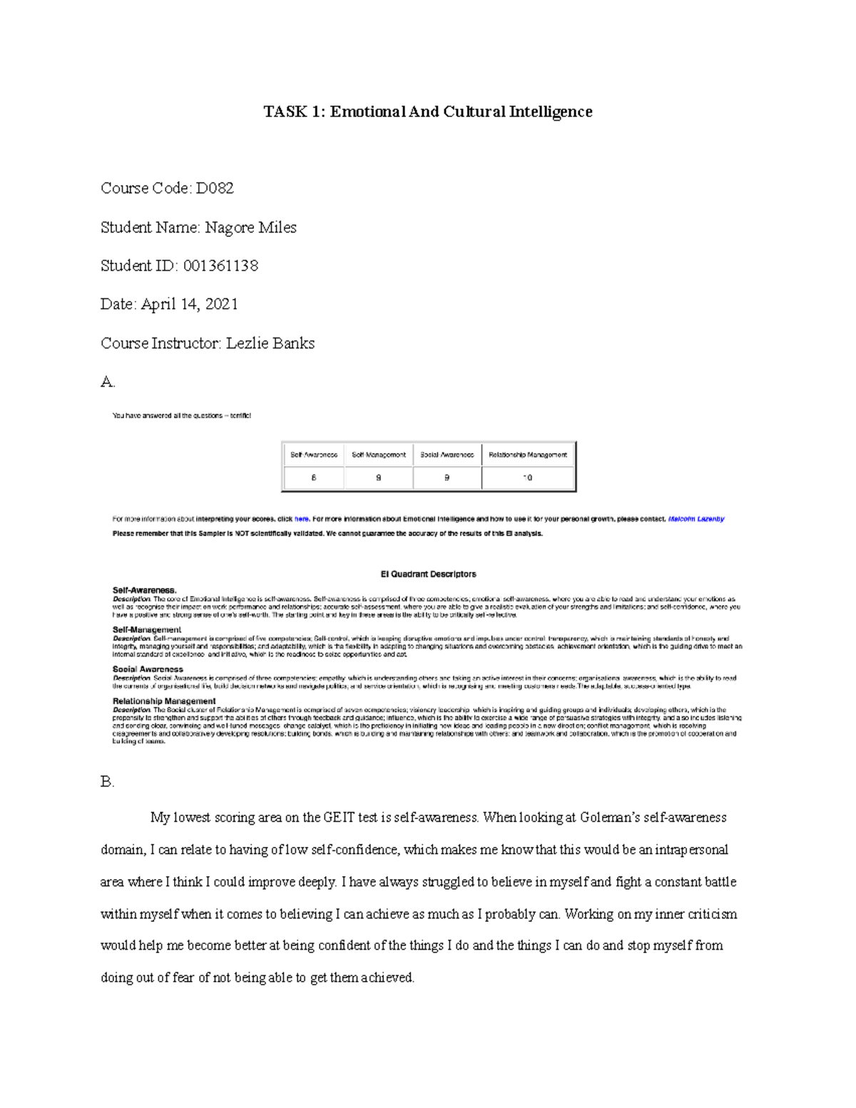 D082 Taks 1 - D082 - TASK 1: Emotional And Cultural Intelligence Course Code: D Student Name ...
