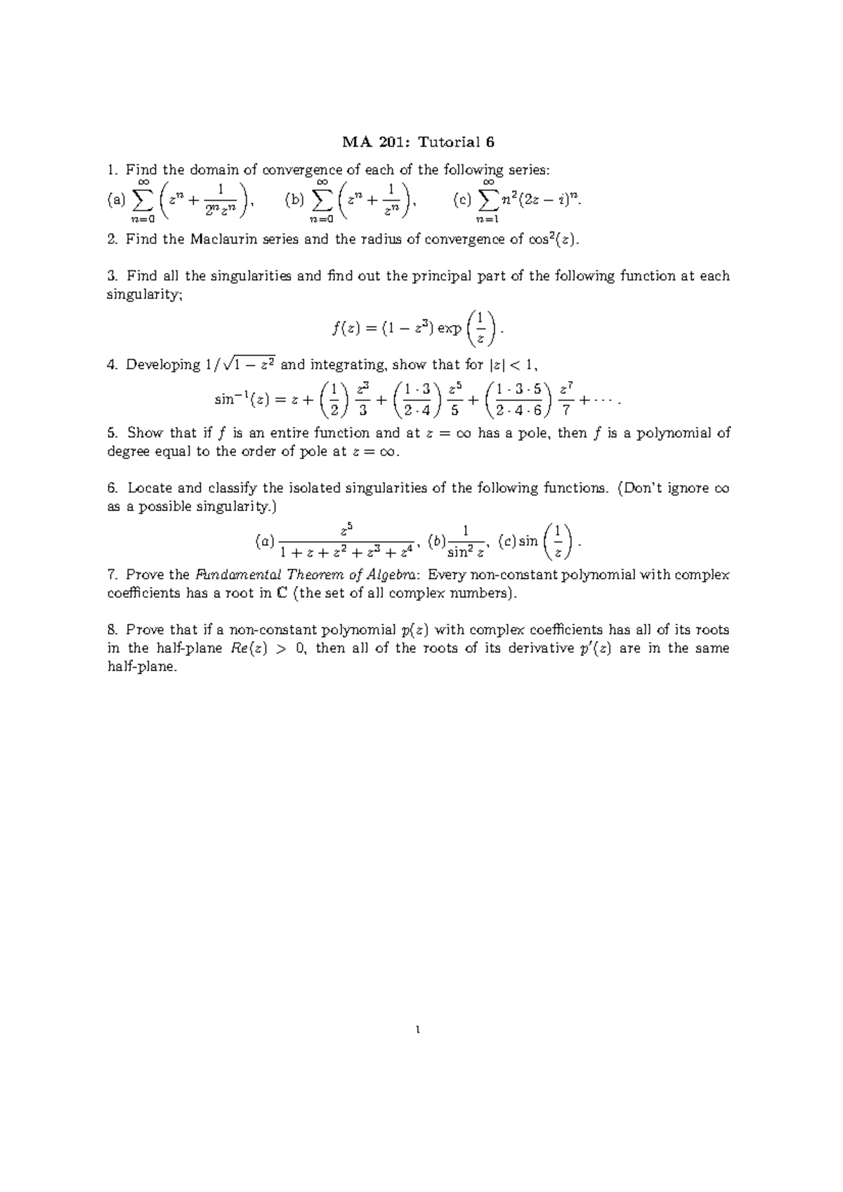 MA201 Tutorial Set6 2018 - MA 201: Tutorial 6 Find the domain of convergence of each of the ...