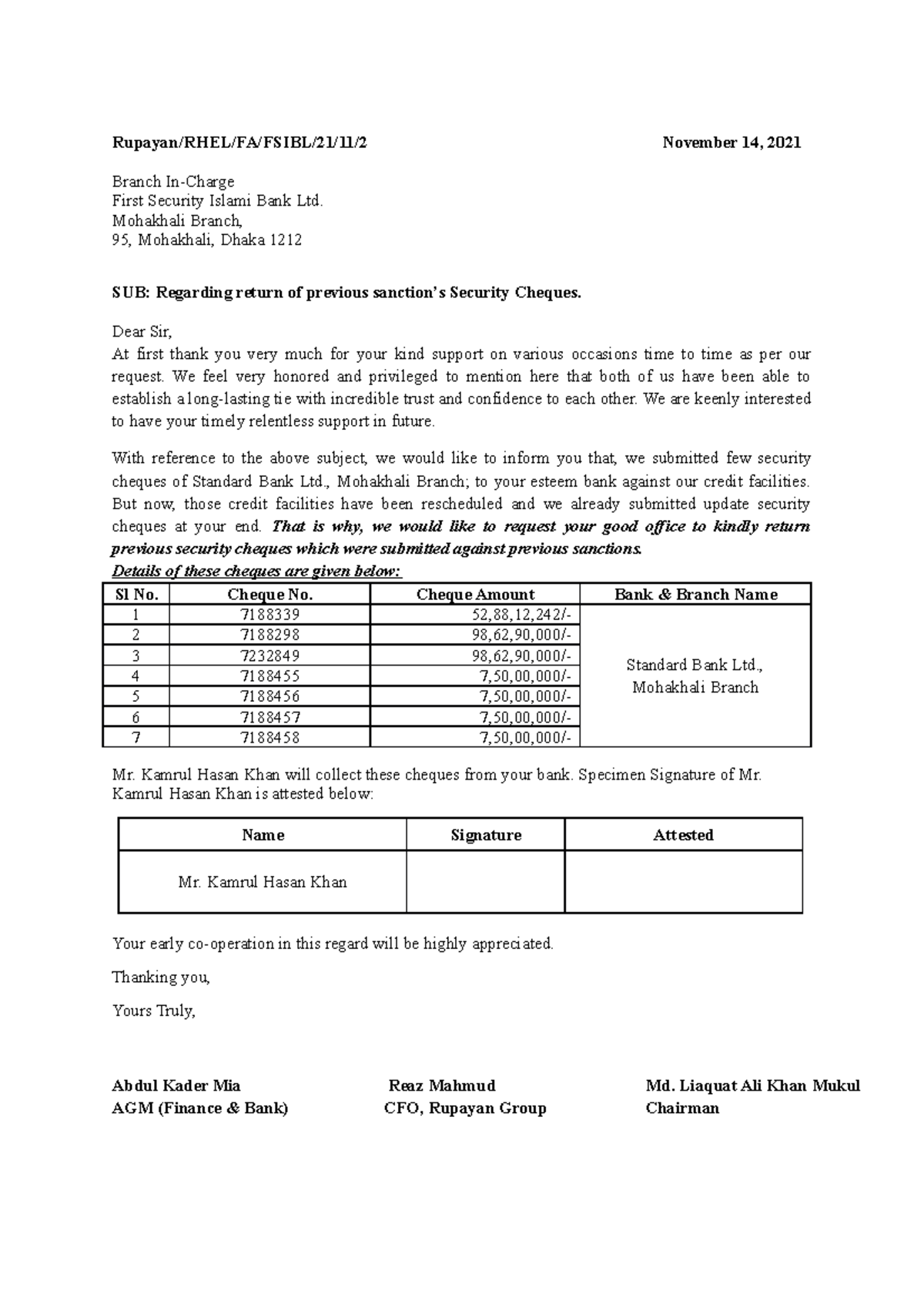 Fsibl - Rupayan/RHEL/FA/FSIBL/21/11/2 November 14, 2021 Branch In ...