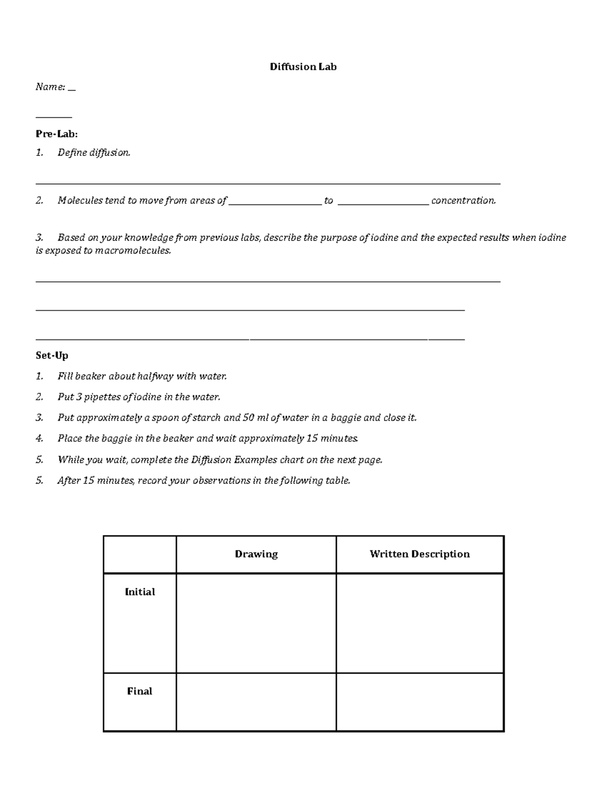 Diffusion Lab example - Diffusion Lab Name: Pre-Lab: Define diffusion ...