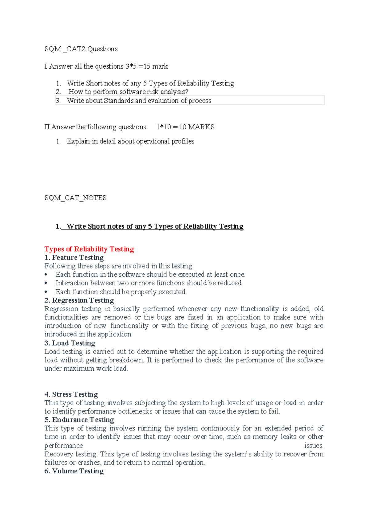 SQM cat2 notes - SQM _CAT2 Questions I Answer all the questions 35 =15 ...
