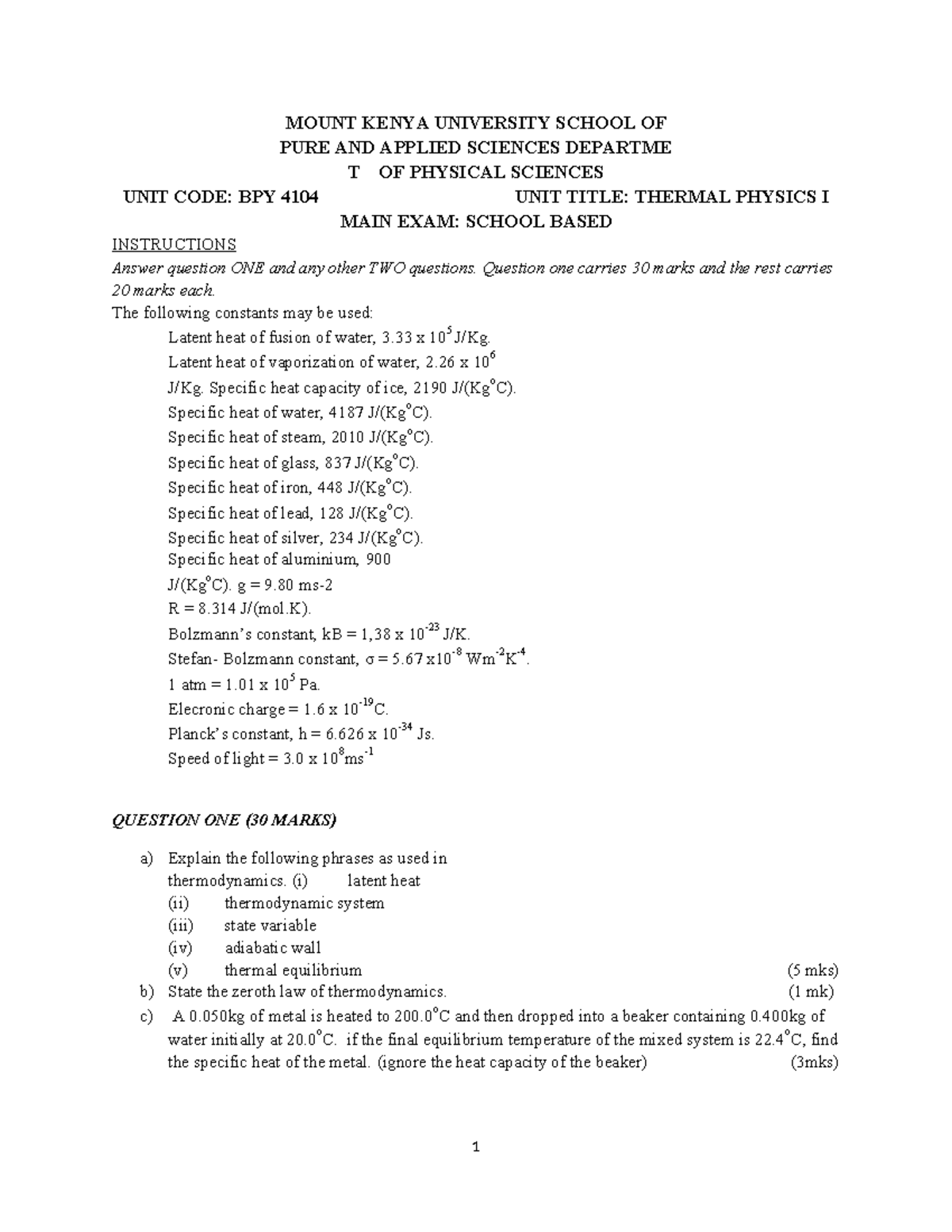 Thermal Physics I MAIN exam - MOUNT KENYA UNIVERSITY SCHOOL OF PURE AND ...