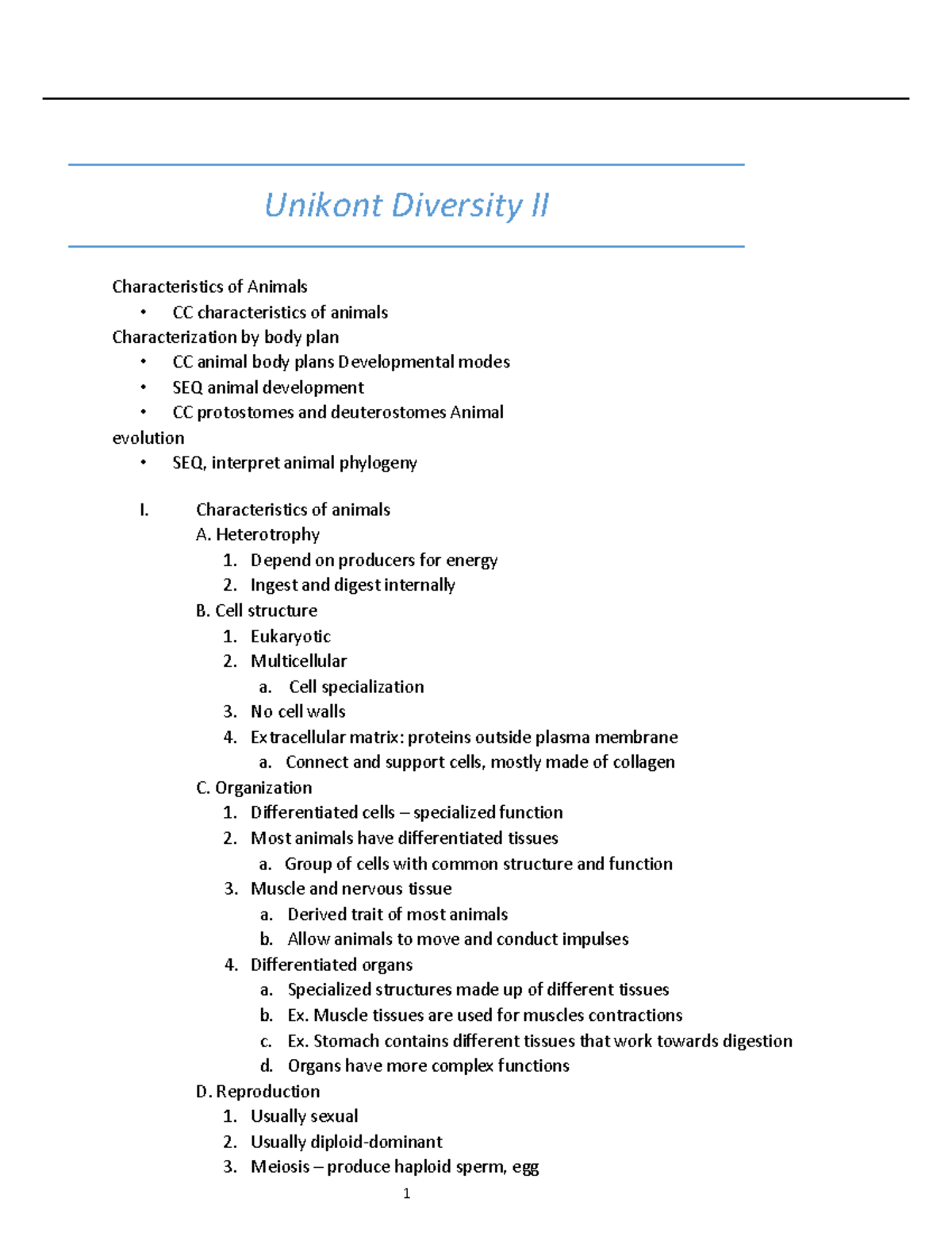 Unikont Diversity II - Unikont Diversity II Characteristics of Animals ...