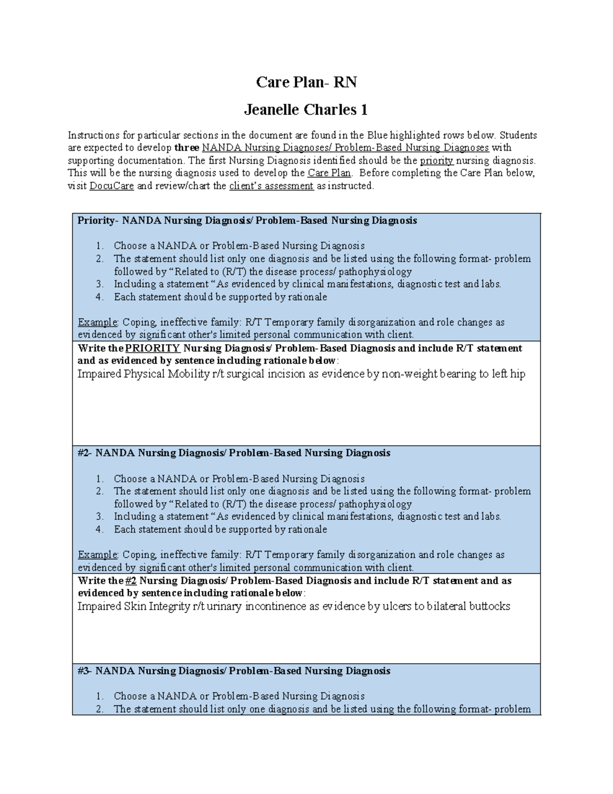 Geri RN Care PLan - N/A - Care Plan- RN Jeanelle Charles 1 Instructions ...