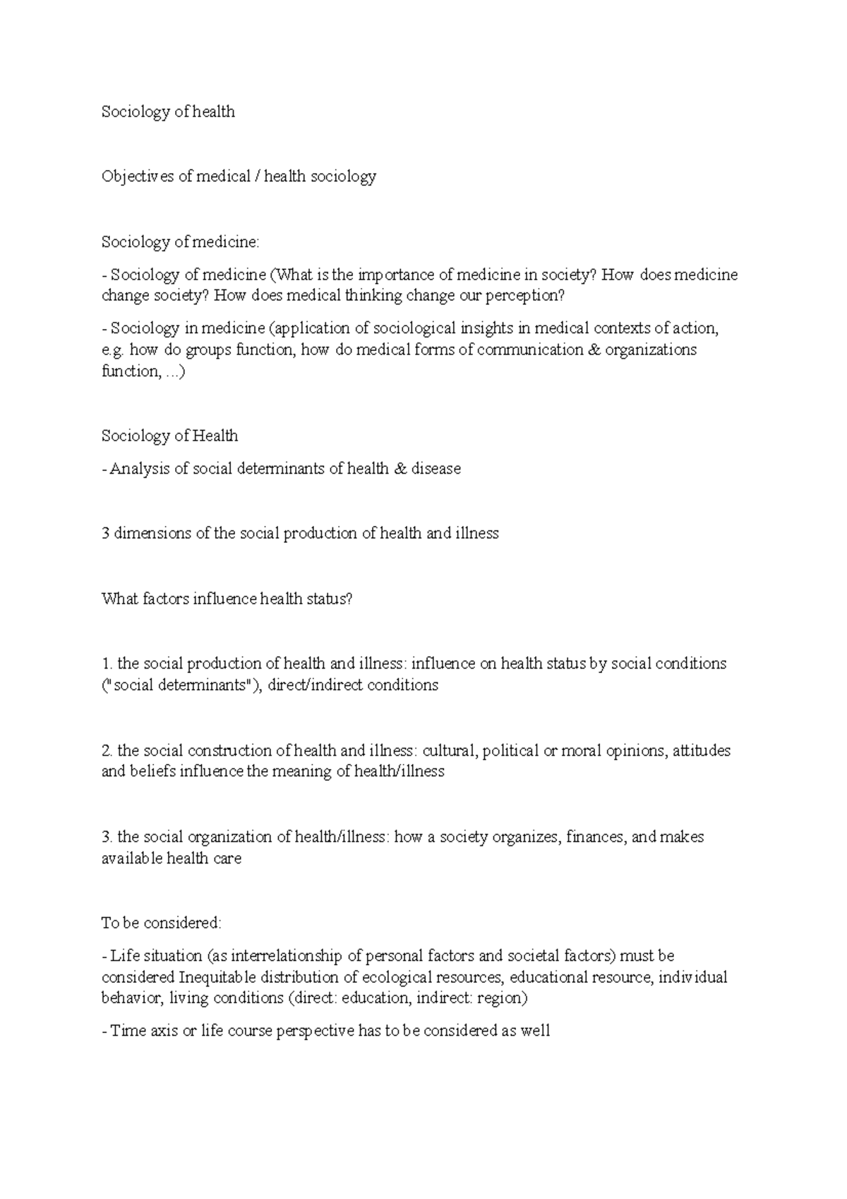 Sociology of health - Sociology of health Objectives of medical ...