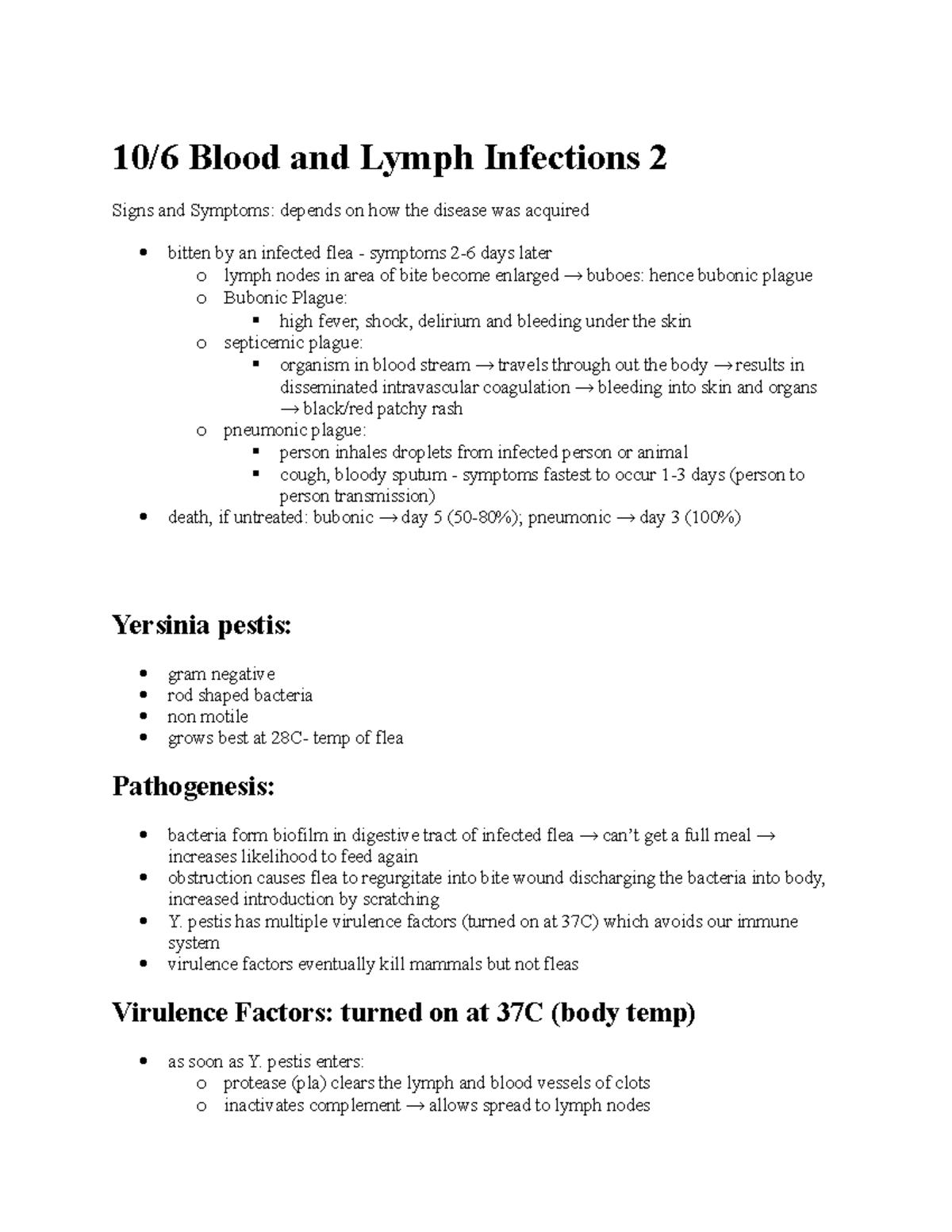 10 6 class notes - 10/6 Blood and Lymph Infections 2 Signs and Symptoms ...