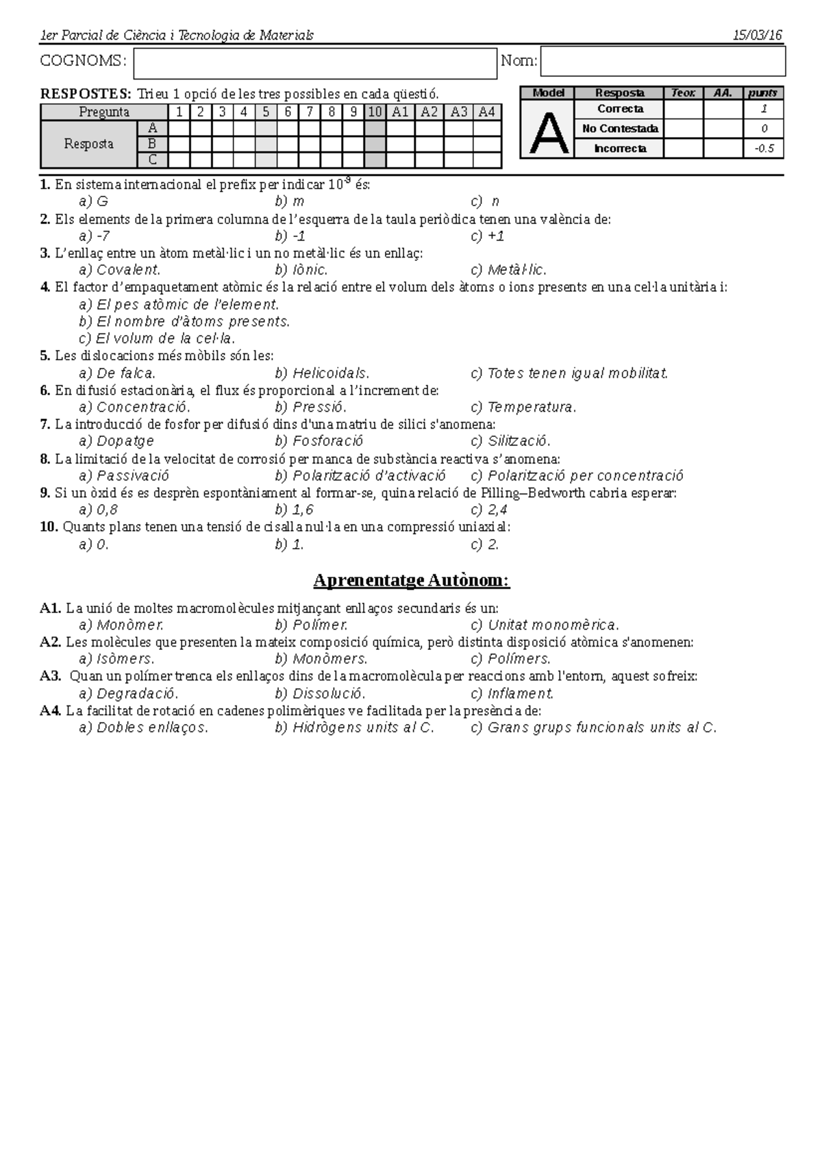 Examen marzo 2016, preguntas y respuestas - 1er Parcial de i Tecnologia de Materials COGNOMS ...