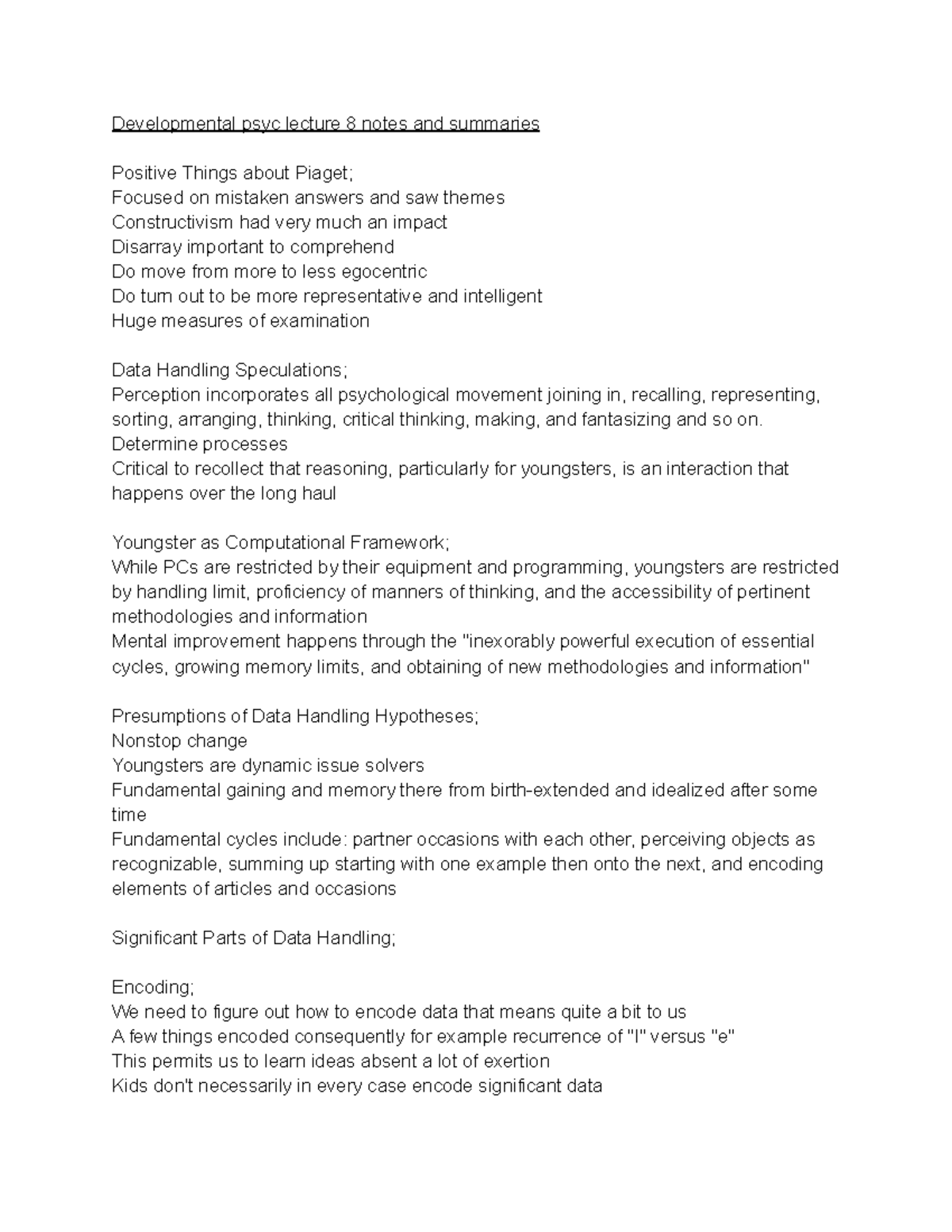 Developmental Psyc Lecture 8 Notes And Summaries Developmental Psyc Lecture 8 Notes And 