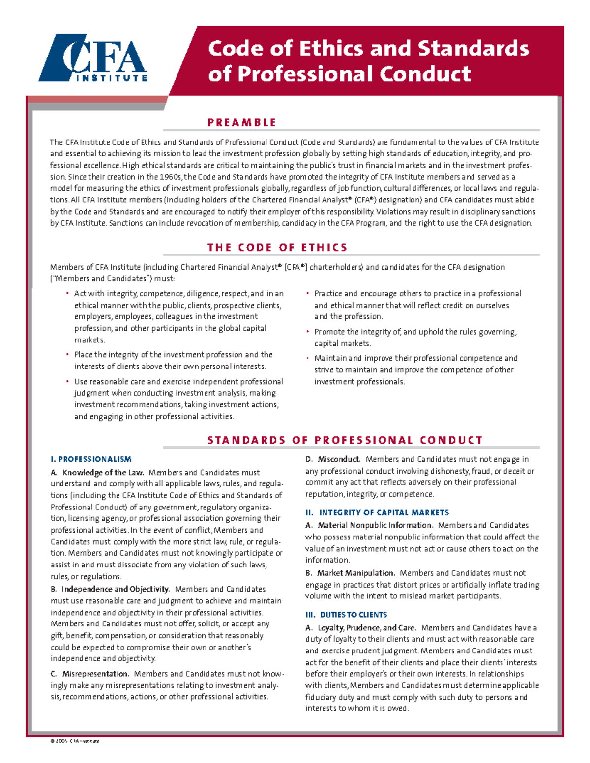 Code of Ethics - Reading - Code of Ethics and Standards of Professional ...