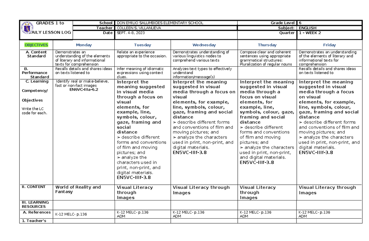 WEEK2-dll- English - DLL - GRADES 1 to 12 DAILY LESSON LOG School DON EMILIO SALUMBIDES ...