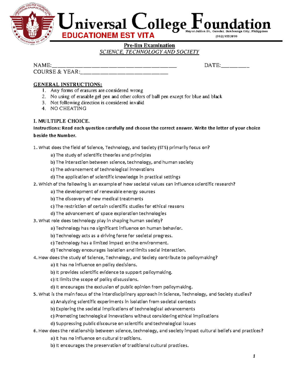 STSPrelim Exam - Mayor Jaldon St., Canelar, Zamboanga City, Philippines ...