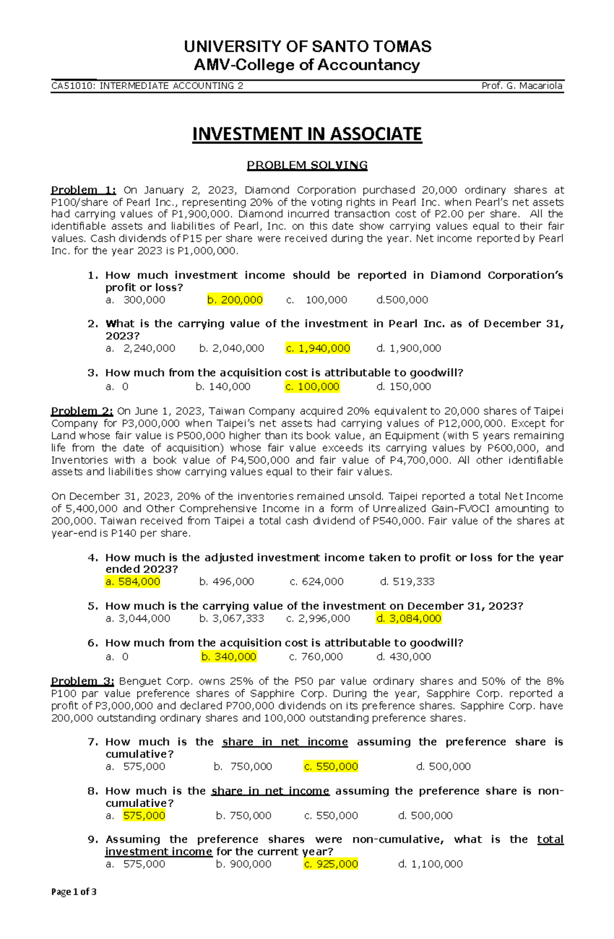 Handout - Investment in Associate - UNIVERSITY OF SANTO TOMAS AMV ...