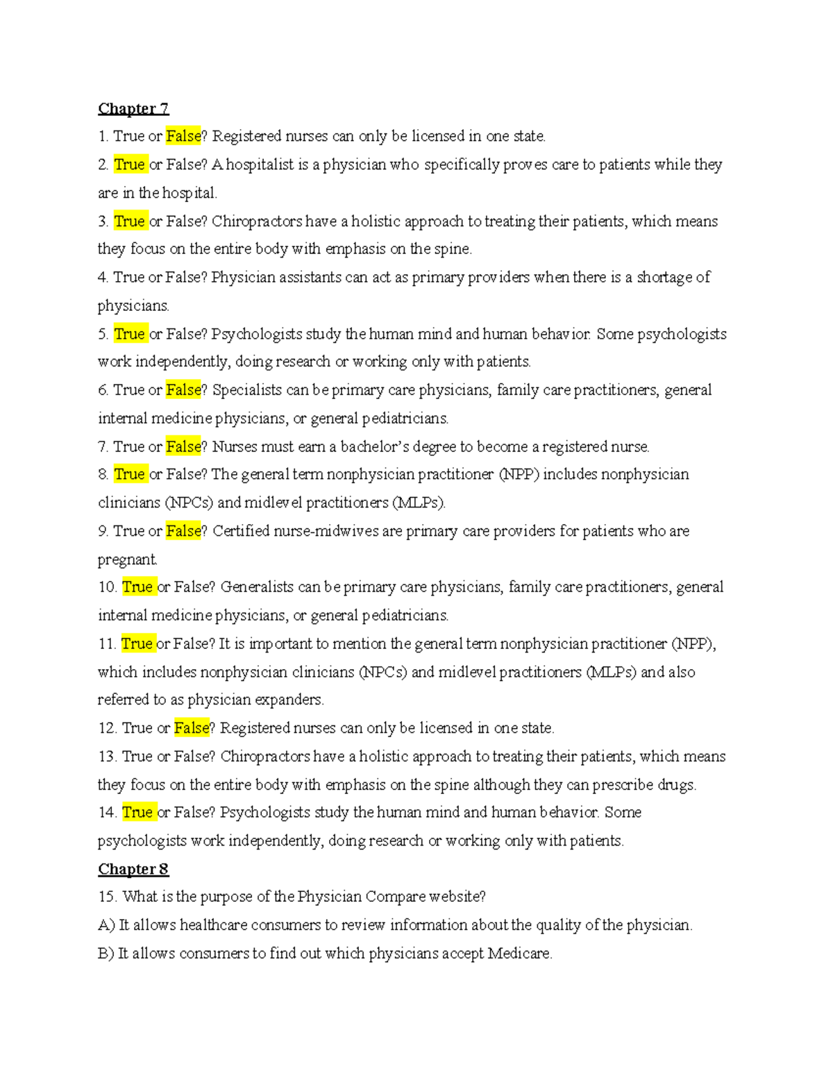 HSA Final - Health Medical Terminology Course - Chapter 7 True or False ...